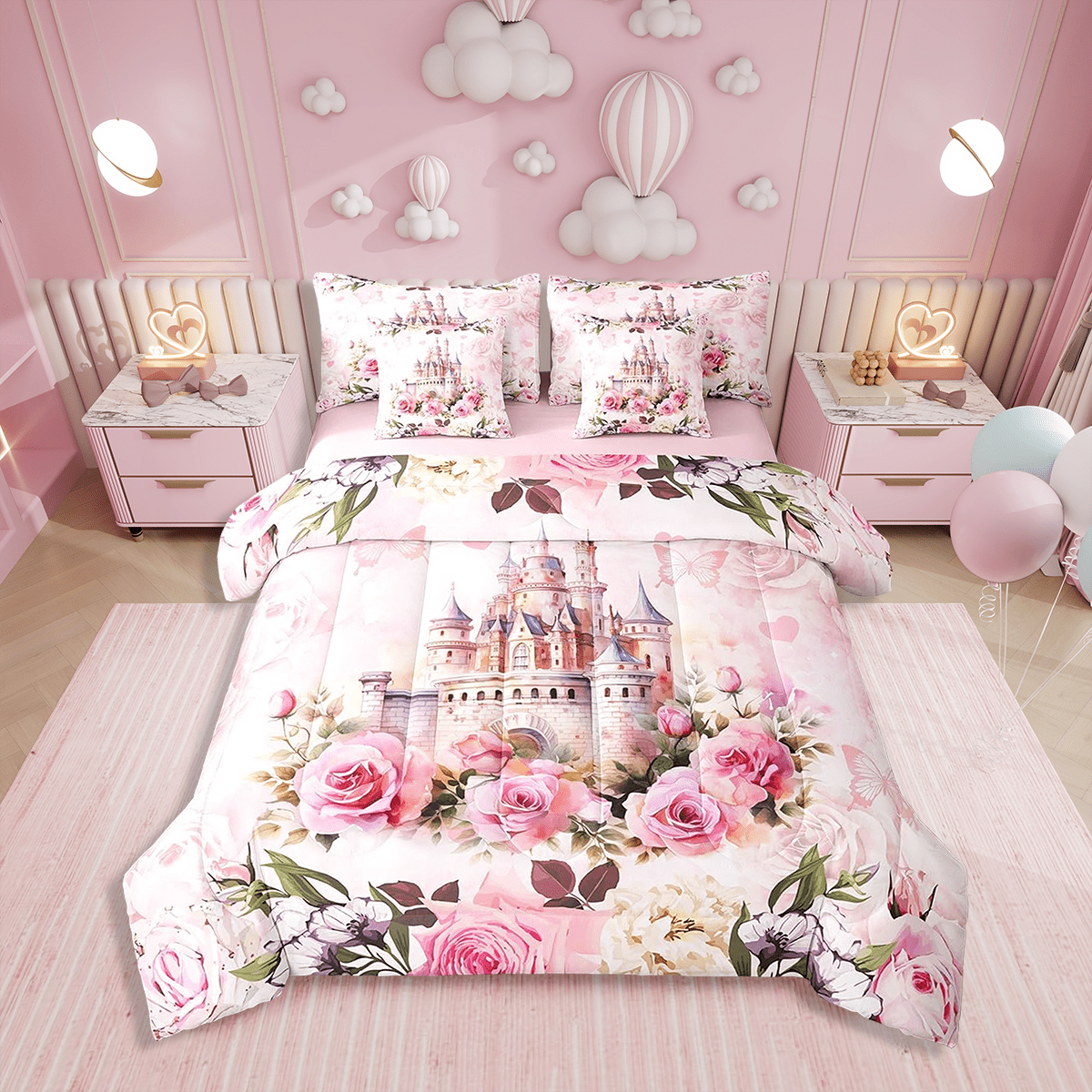 Girls Princess Full Bedding Set 7 Pieces,Cartoon Castle Pink Comforter ...