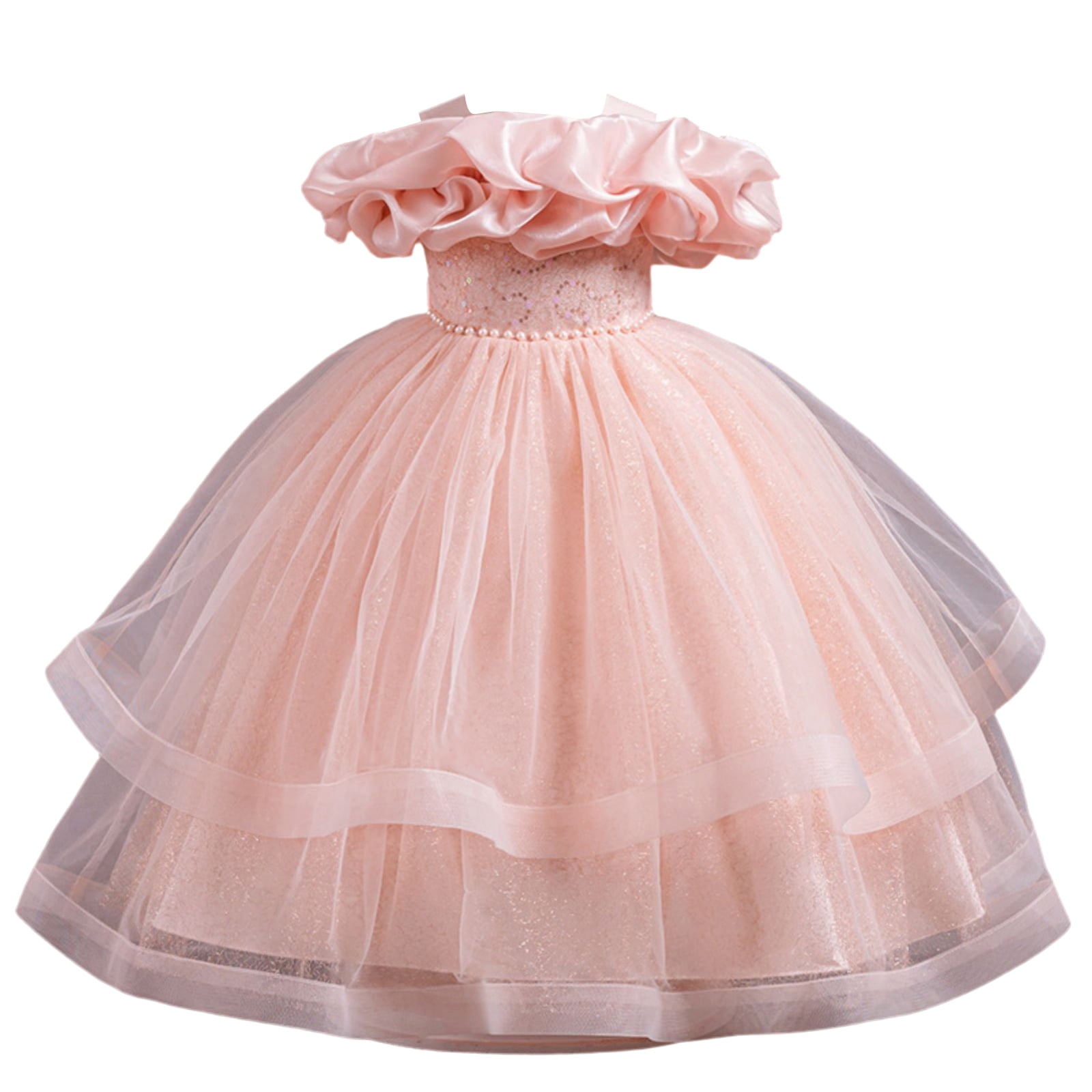 Girls Princess Gown Performance Girls Off Shoulder Ruffle Tulle Dress ...
