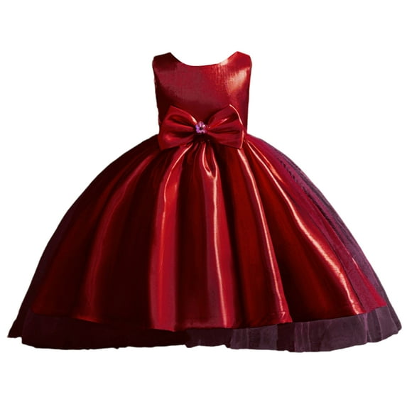 Girls Princess Gown Performance Girls Sleeveless Satin Tulle Bow Dress ...