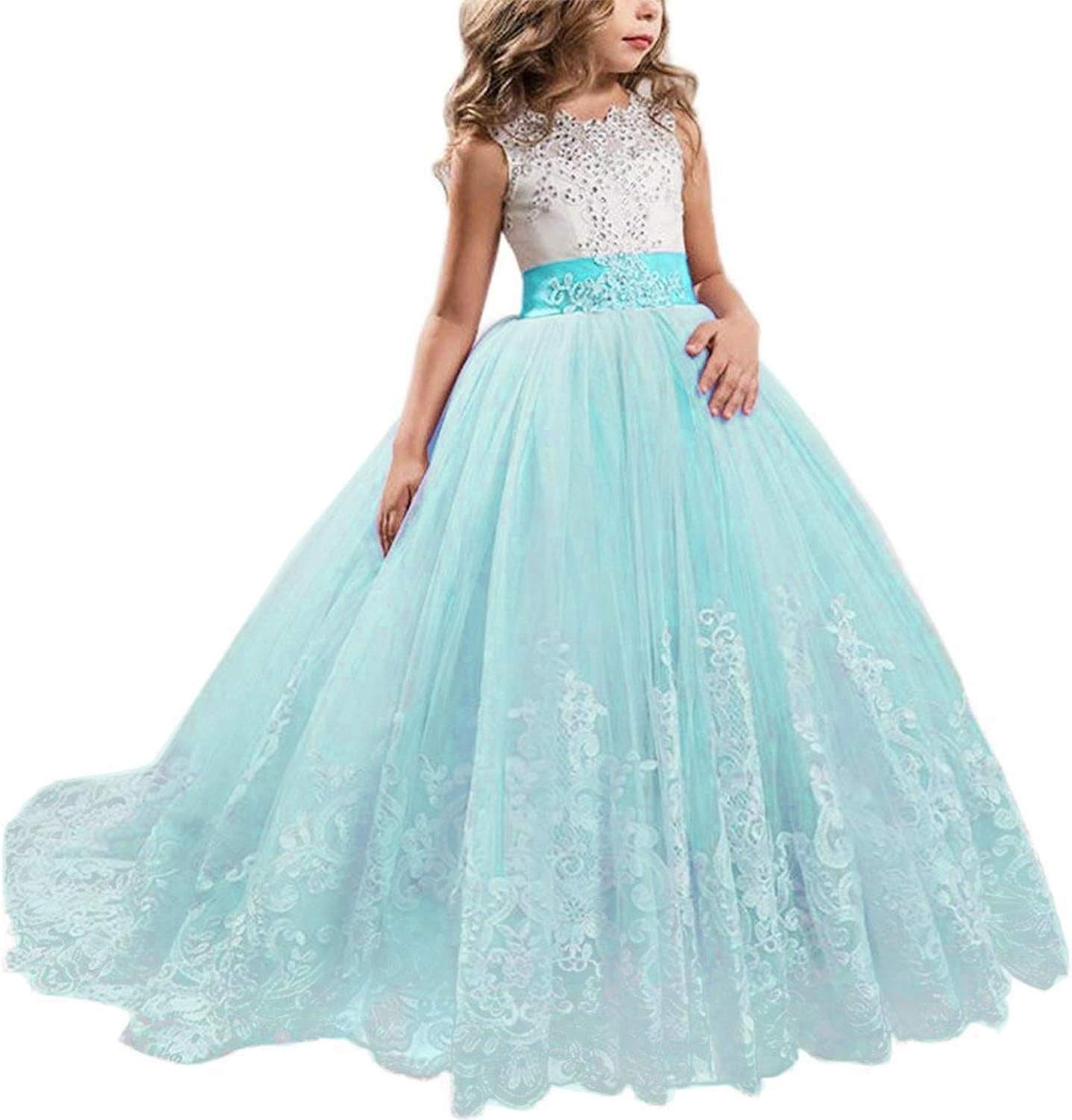 Girls Princess Lilac Pageant Long Dress Kids Tulle Prom Ball Gowns ...
