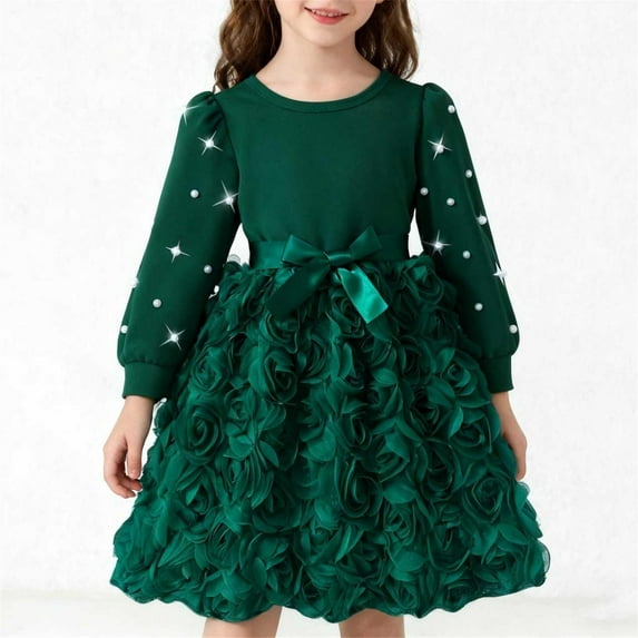 Girls Princess Long Sleeve Dress with 3D Flowers, Sparkle & Pearl ...