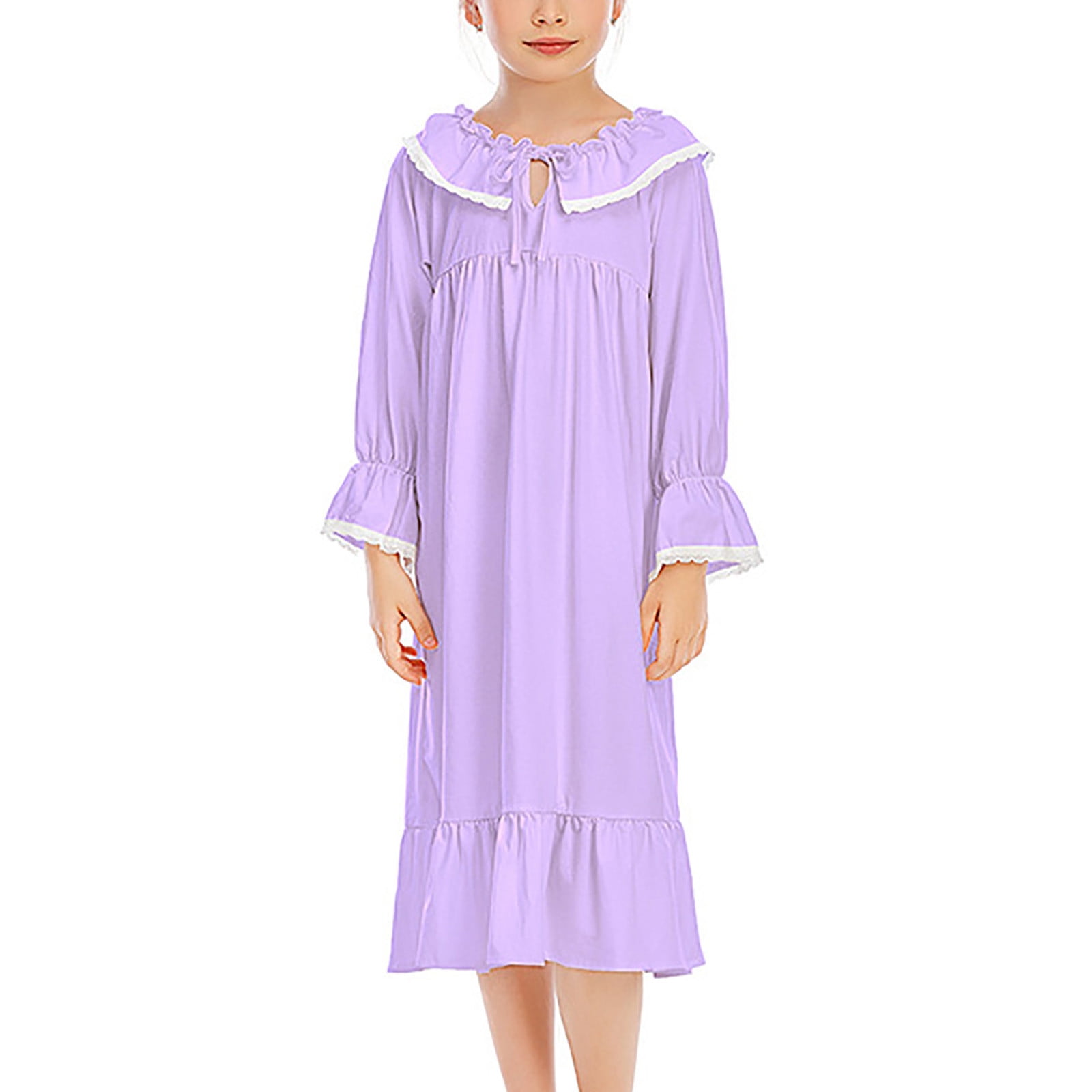 Girls Princess Nightgowns Soft Cute Lace Pajamas Dress Long Sleeve ...