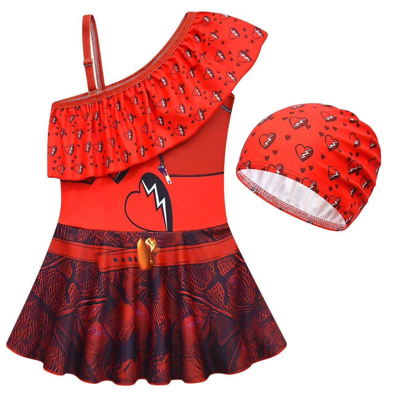 Girls Princess Red One Piece Swimsuit One Shoulder Sets Summer Beach ...