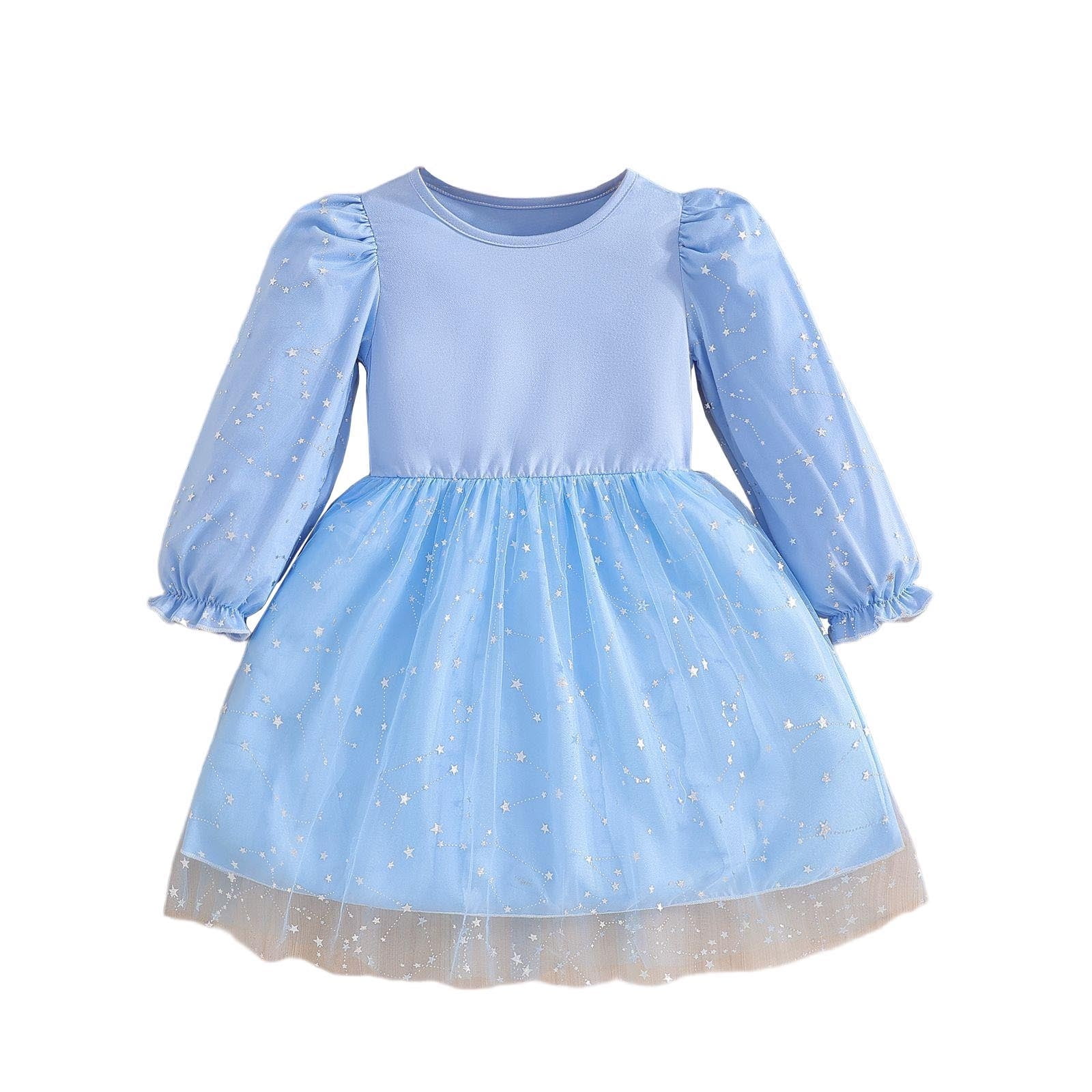 Girls Princess Tutu Dress with Long Puffy Sleeves, Light Blue Sparkle ...