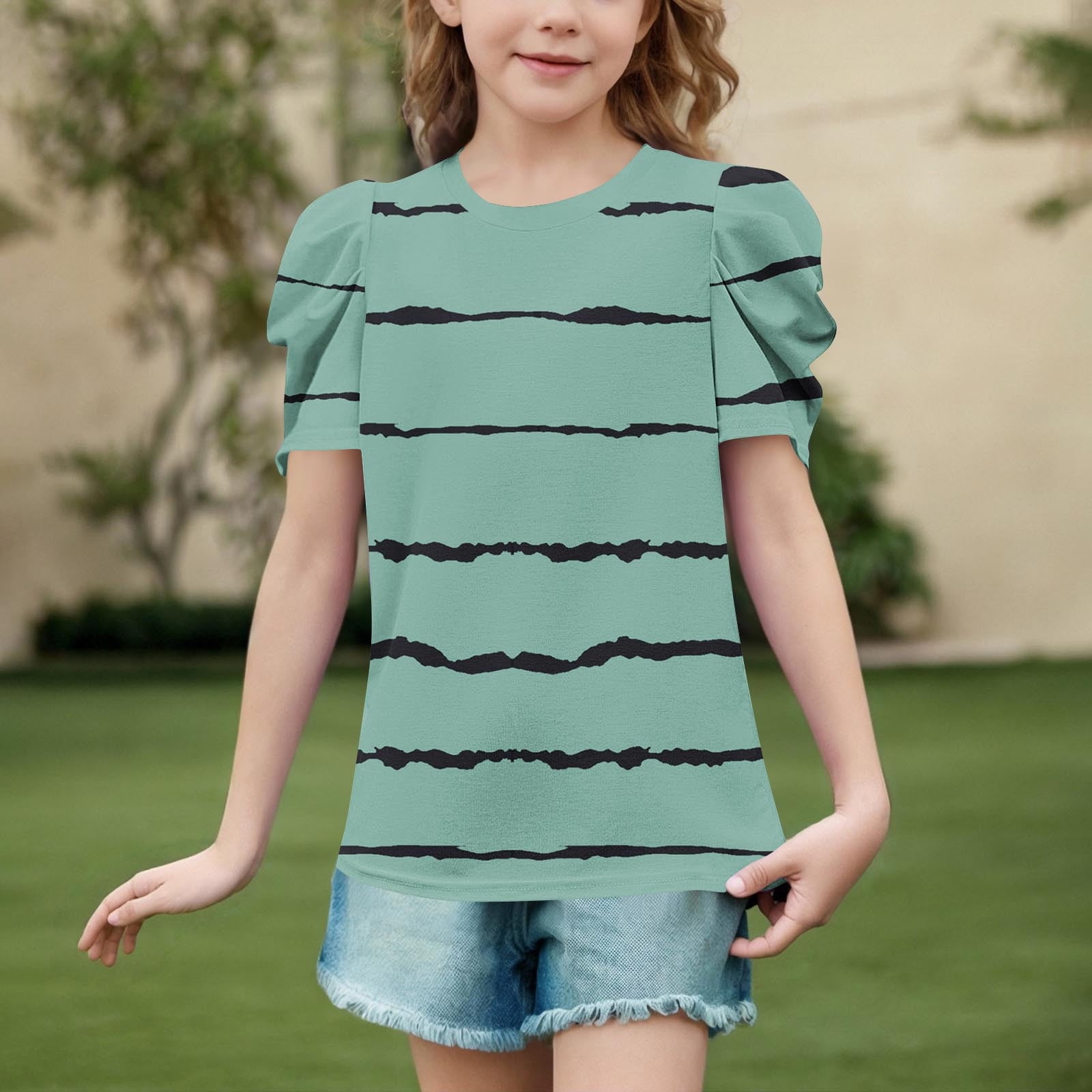 Girls Printed Top, Casual Short Sleeve Round Neck Shirt with Ruffle ...