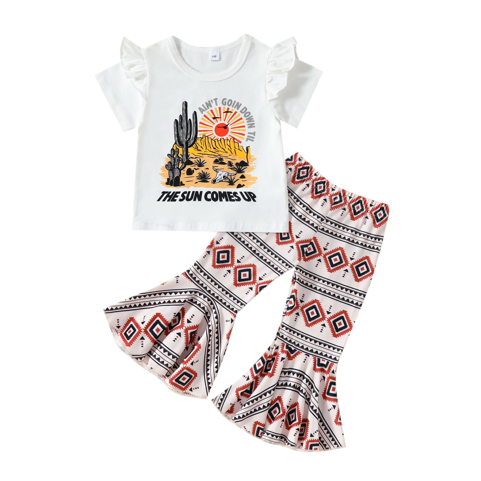 Girls Puff Short Sleeve Letter Prints Tops Trumpet Long Pants Two ...