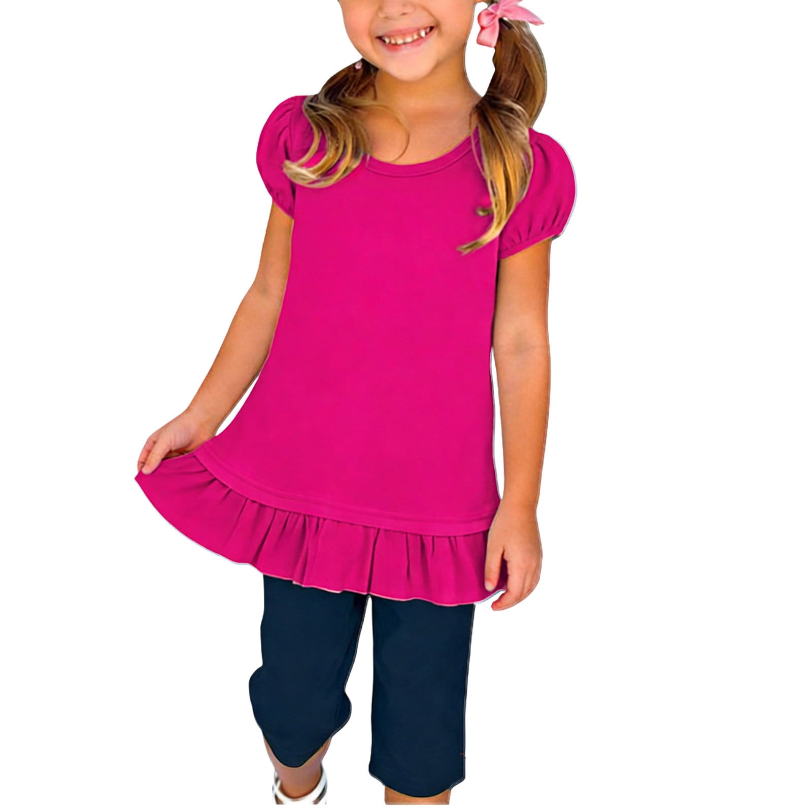 Girls Puff Short Sleeve T Shirts Crew Neck Ruffle Hem Tee Tops Kids ...