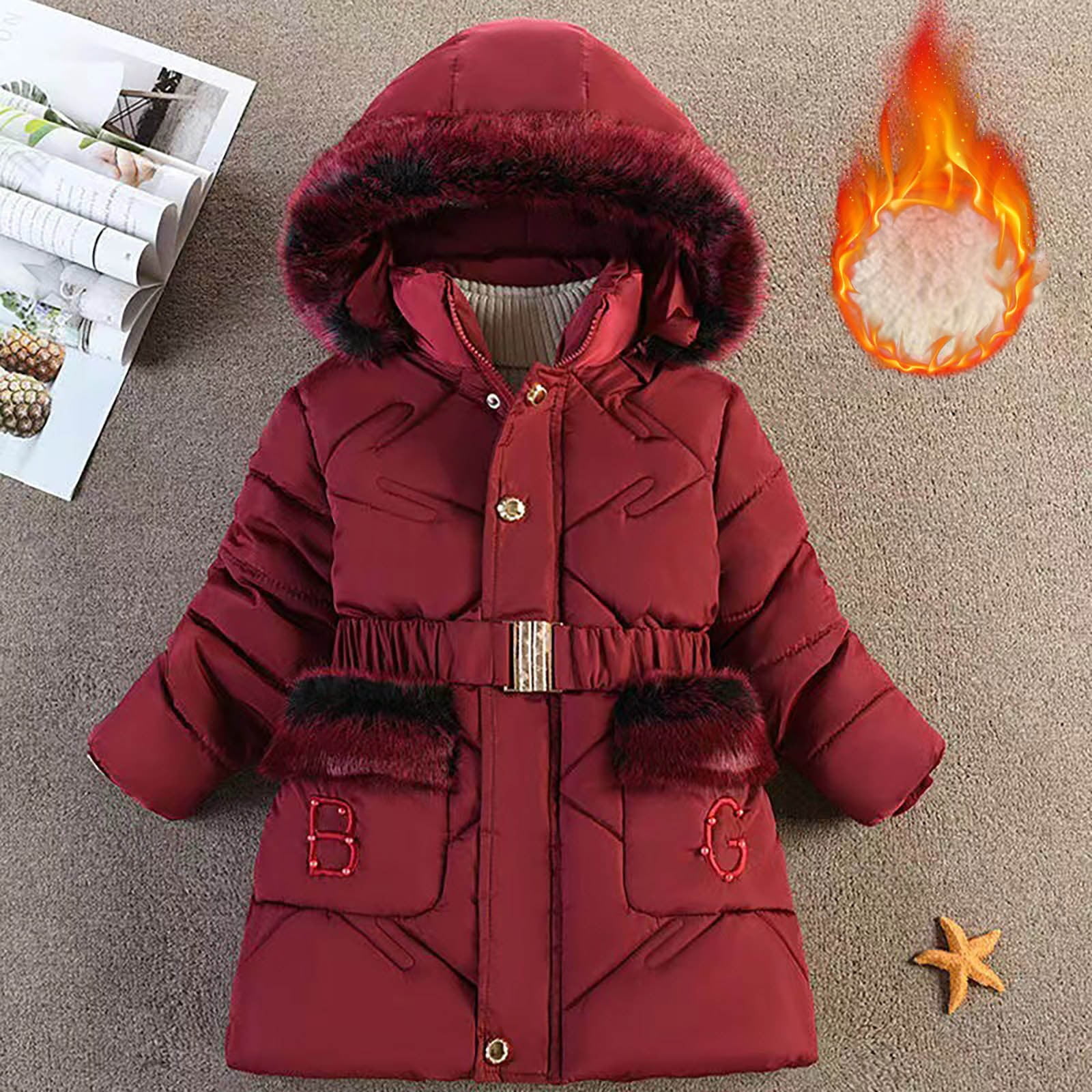 Girls Puffer Jacket Girls Winter Coats With Pocket Zip up Hooded Coat Solid Color Long Sleeve ...