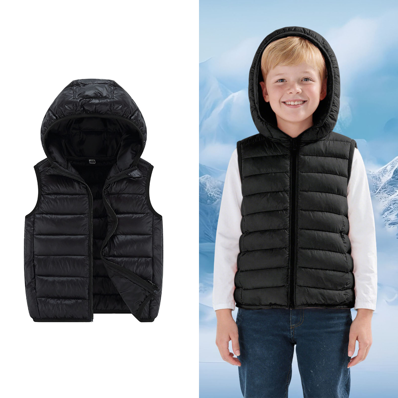 Girls Puffer Vest Hooded Black Vest Kids Zip up Sleeveless Lightweight ...