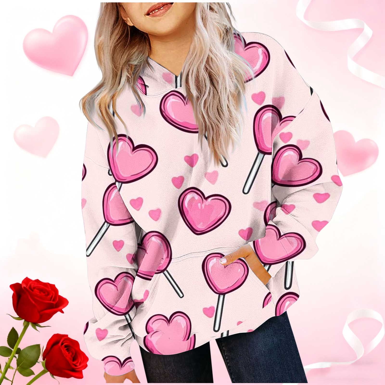 Girls Pullover Hoodie, Soft Stretch 95% Polyester 5% Spandex Pink Heart ...