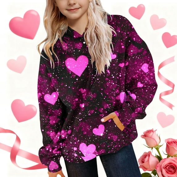 Girls Purple Galaxy Hearts All Over Print Hoodie, Soft Fleece Pullover ...