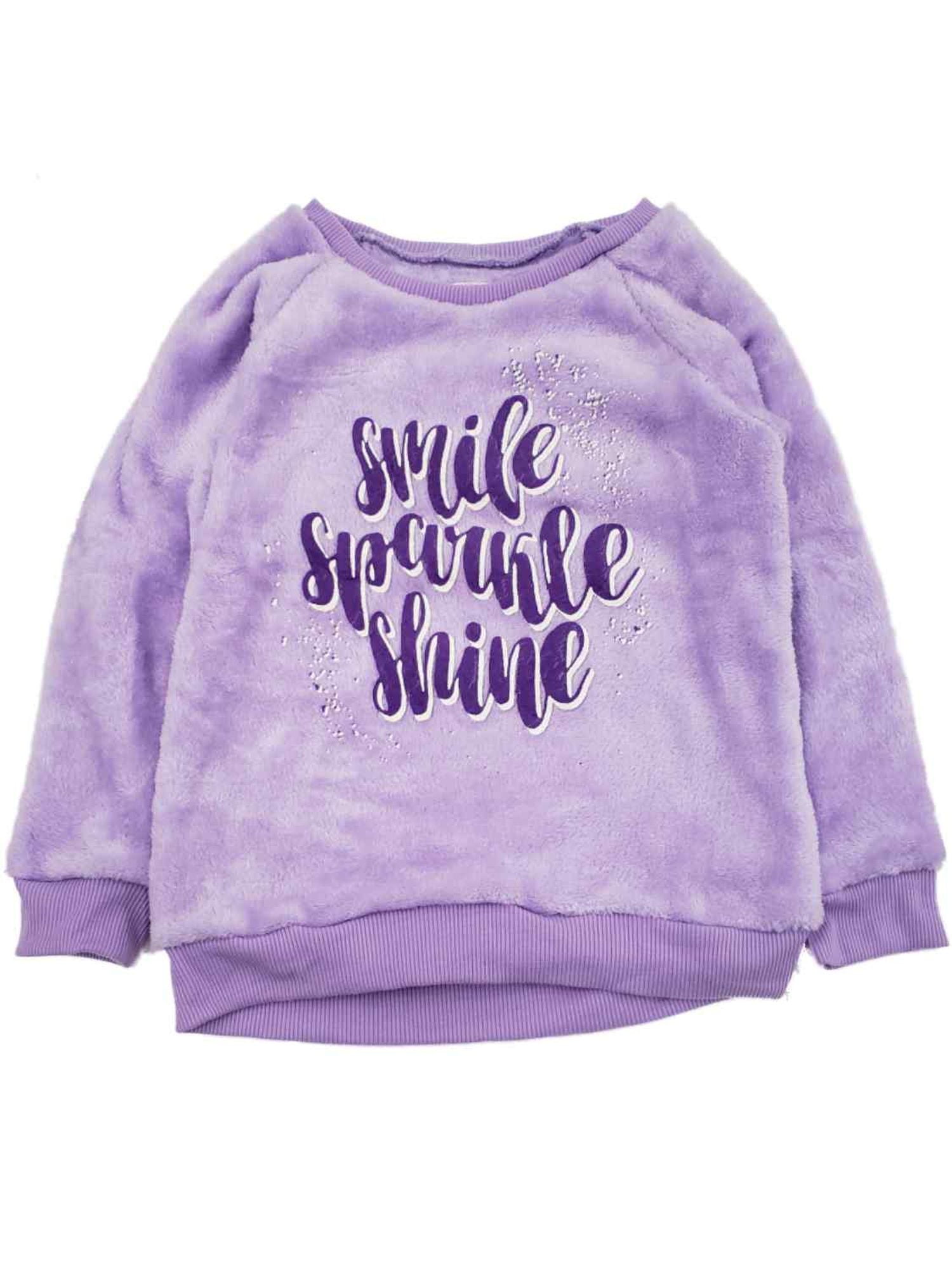 Girls Purple Winter Fuzzy Plush Smile Sparkle Glitter Sweatshirt Sweat ...