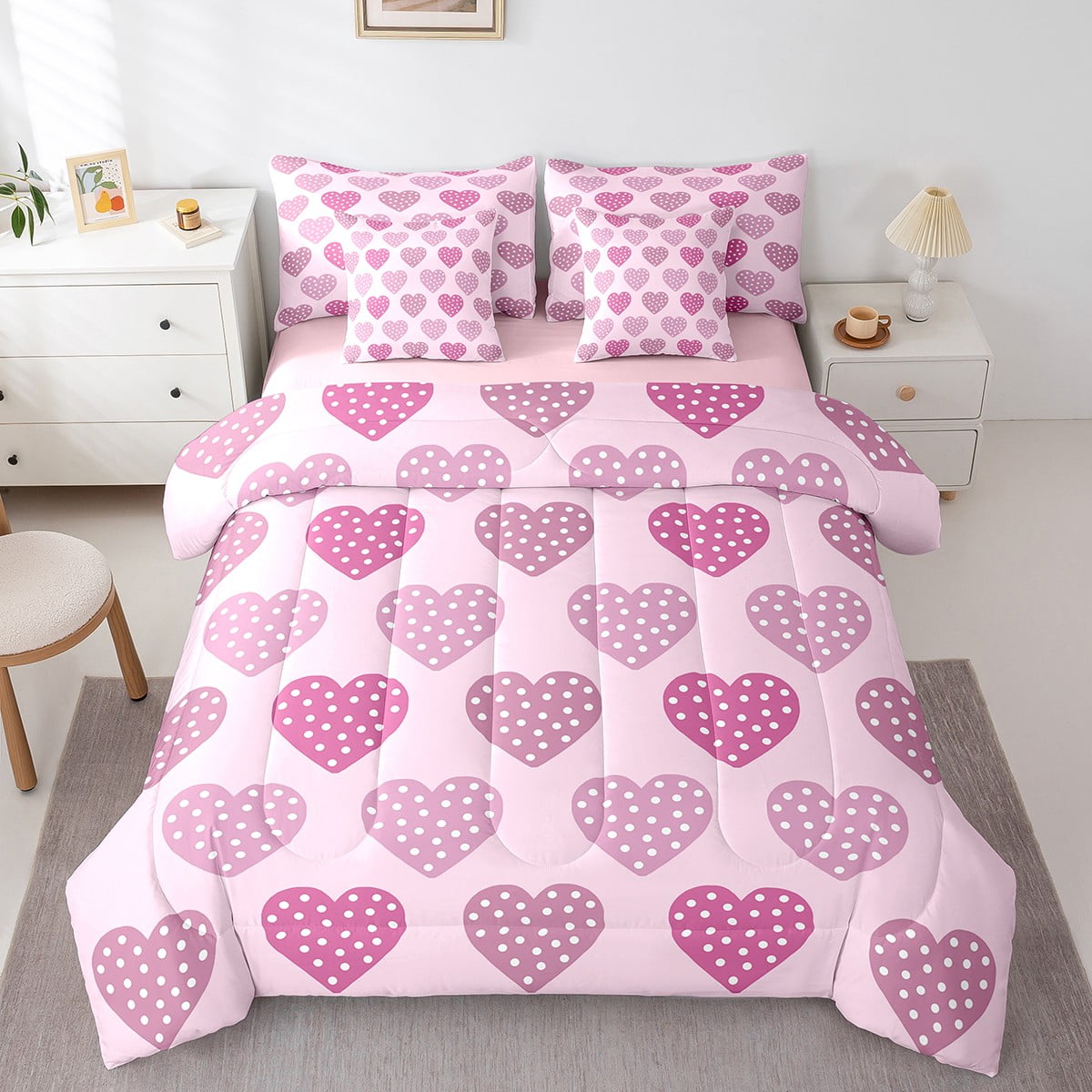 Girls Queen Comforter Set 7 Piece, Cute Love Hearts Bed in a Bag for ...