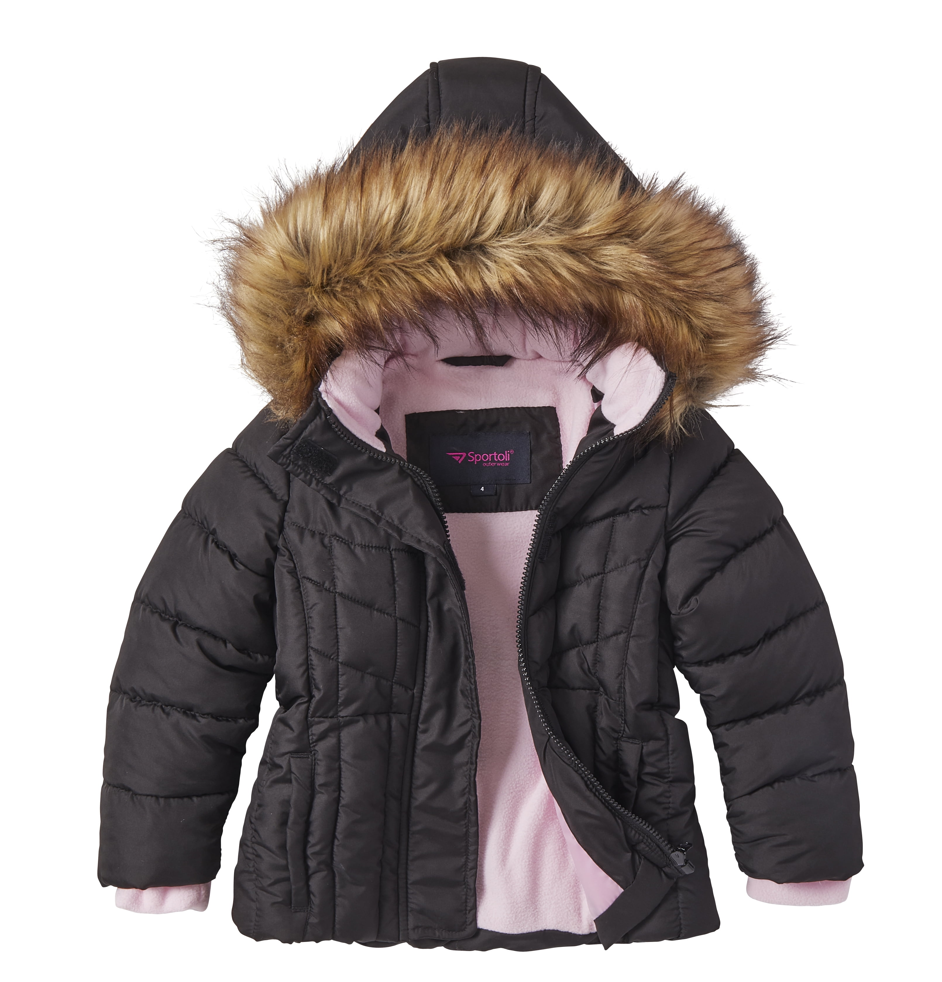 Girls Quilted Fleece Lined Winter Puffer Jacket Coat Faux Fur Trim Zip ...