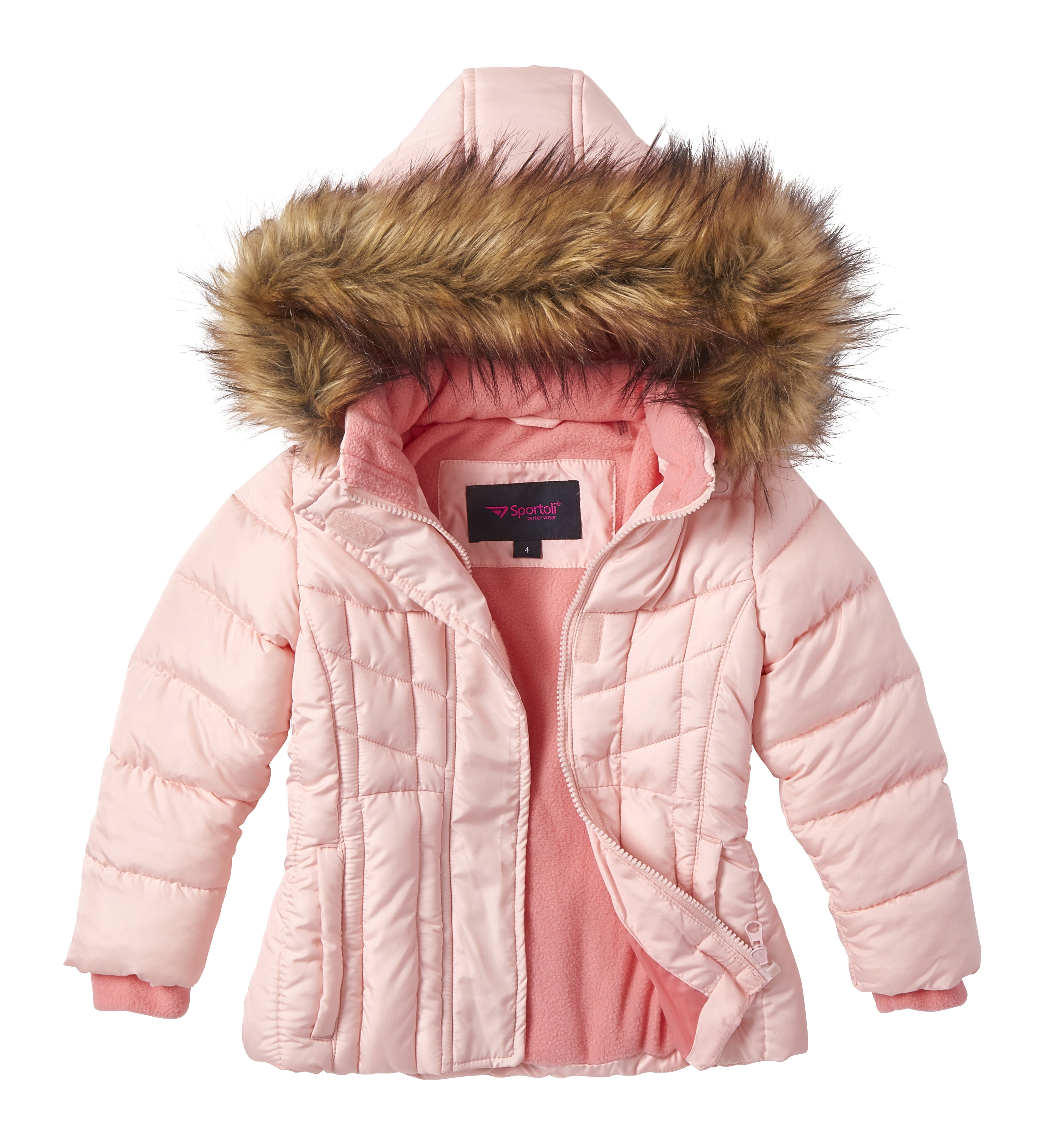 Girls Quilted Fleece Lined Winter Puffer Jacket Coat Faux Fur Trim Zip ...