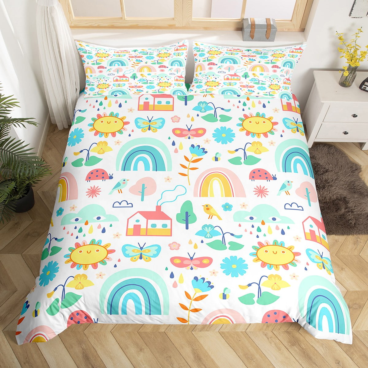 Girls Rainbow Bedding Set Colorful Sun Comforter Cover Cartoon Clouds ...