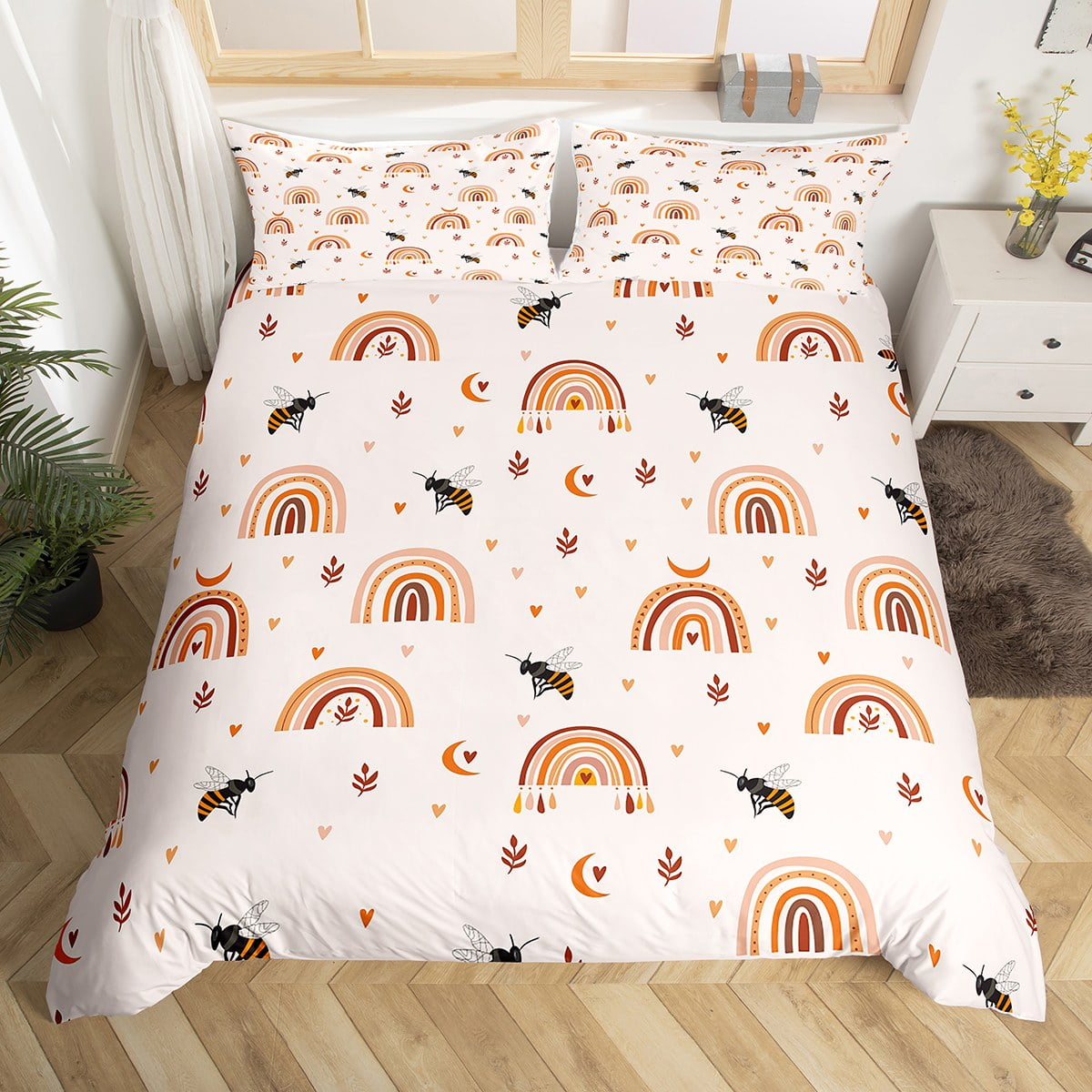 Girls Rainbow Bedding Set Queen Boho Honey Bee Comforter Cover, Hippie ...