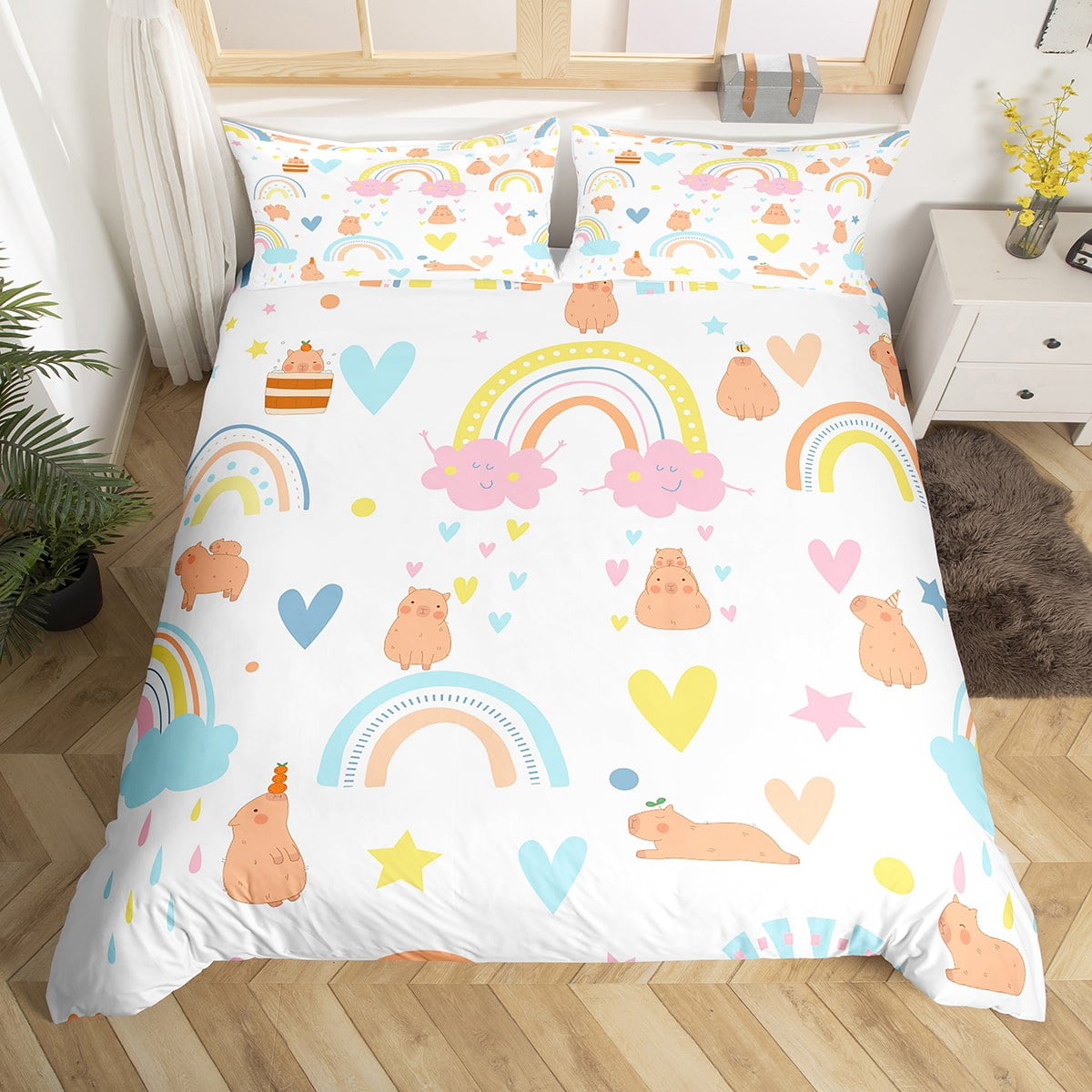 Girls Rainbow Bedding Set Queen, Capybara Lover Duvet Cover Kawaii Pet ...