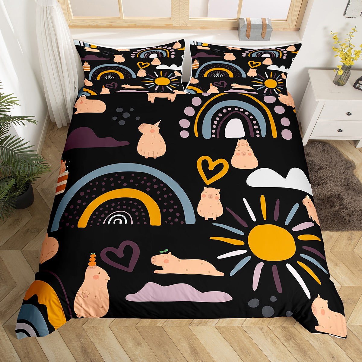 Girls Rainbow Bedding Set Queen Size,Capybara Decor Duvet Cover Love ...