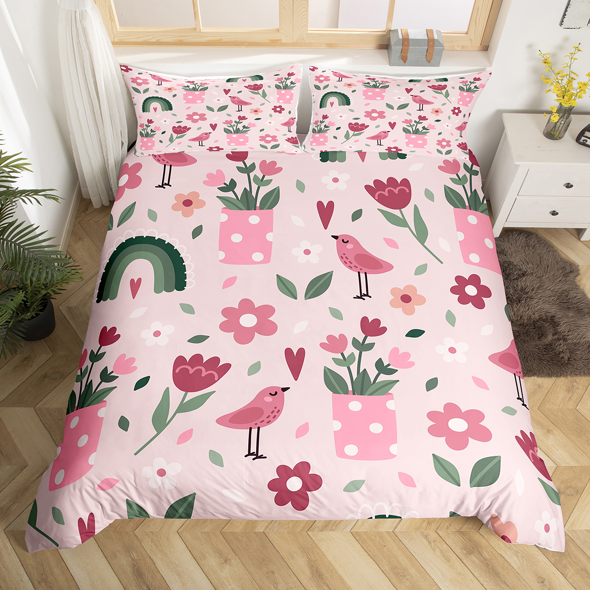 Girls Rainbow Bedding Set Queen Size,Cartoon Rainbow Duvet Cover for ...
