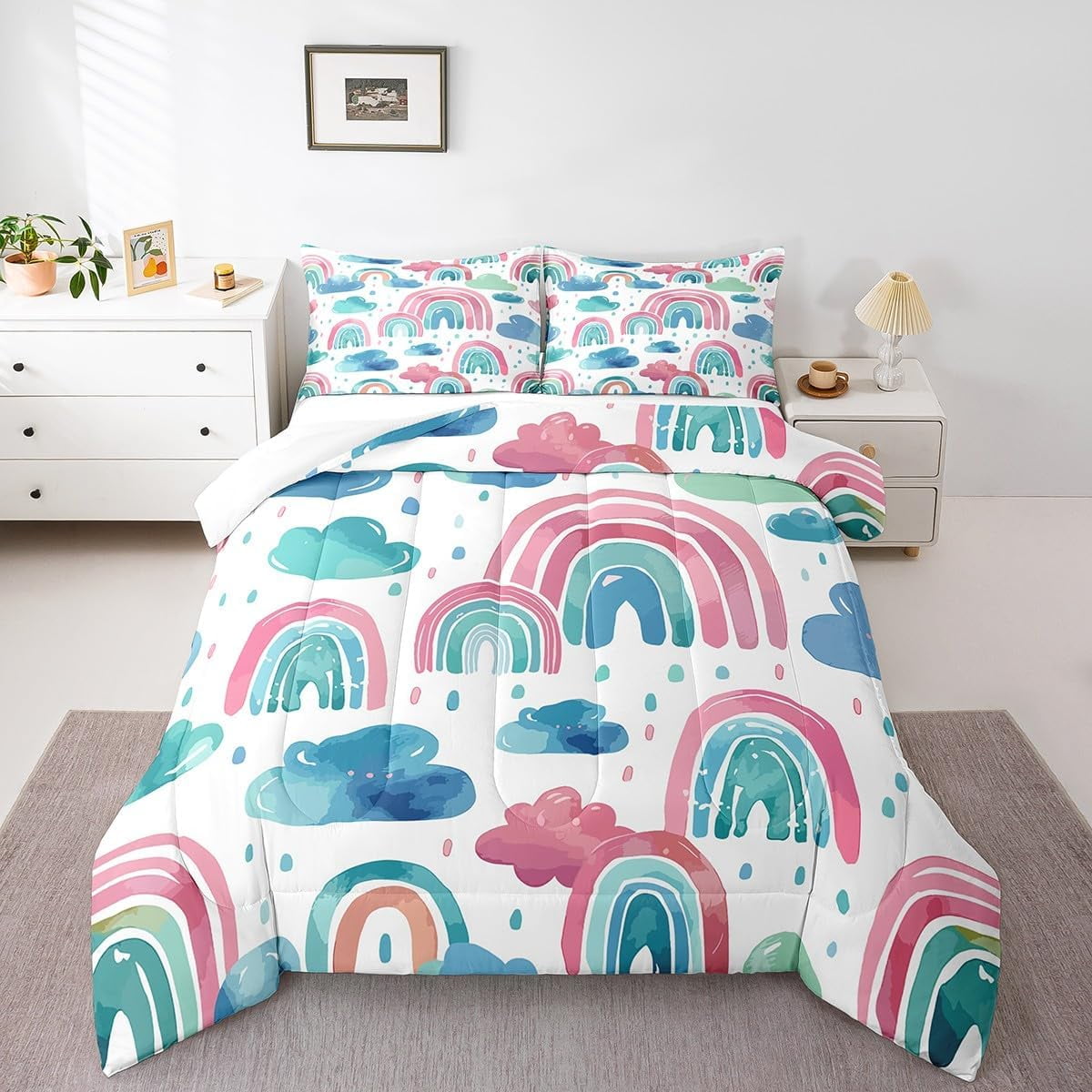 Girls Rainbow Bedding Set Queen Size,Colorful Stars Down Comforter for ...