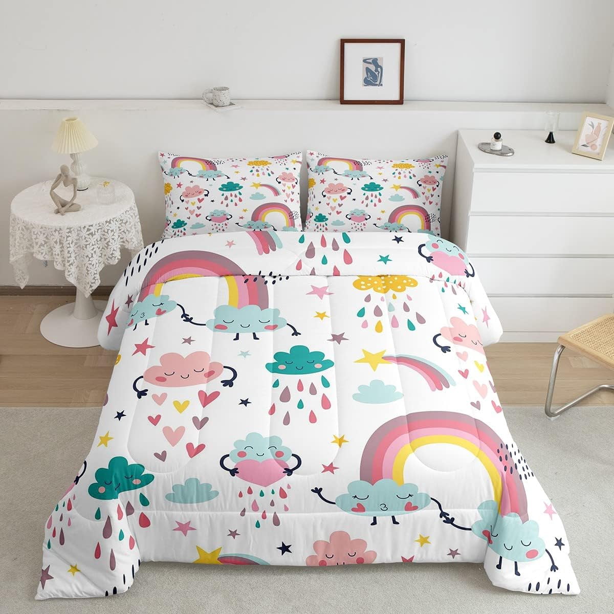 Girls Rainbow Bedding Set Queen Size,Colorful Stars Down Comforter for ...