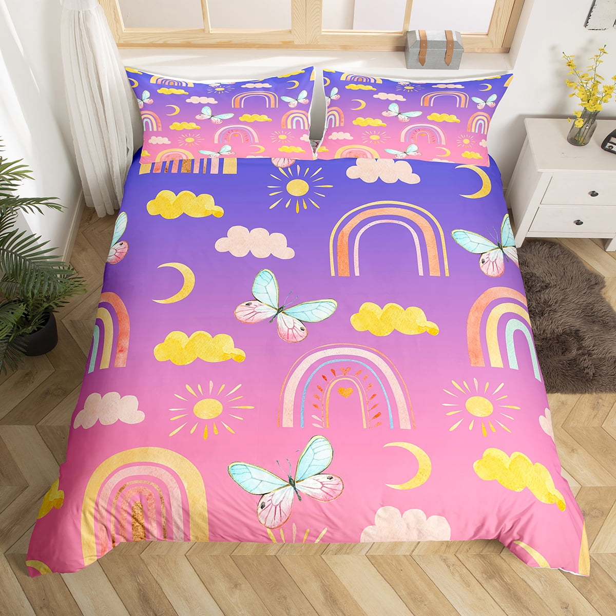 Rainbow Bedding Set Queen, Sun And Moon Comforter Cover Teens, Ombre ...