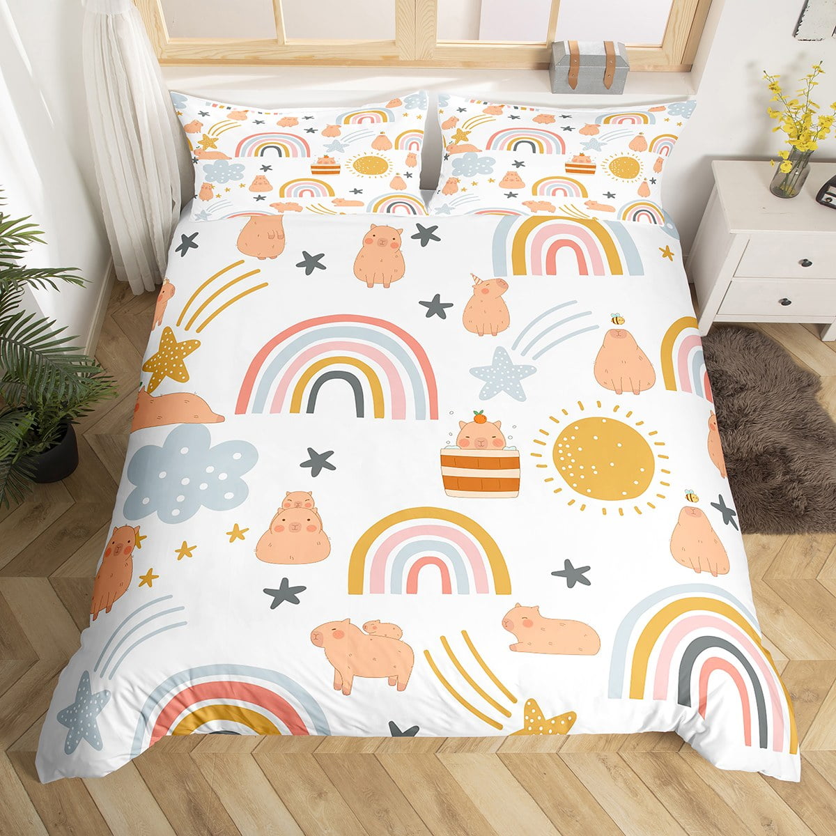 Girls Rainbow Bedding Set Twin Size, Cartoon Capybara Duvet Cover Sun ...
