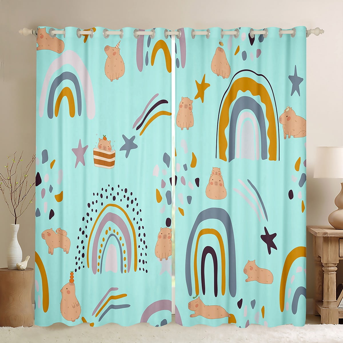 Girls Rainbow Blackout Curtains 38"Wx45"L, Capybara Bedroom Curtains ...