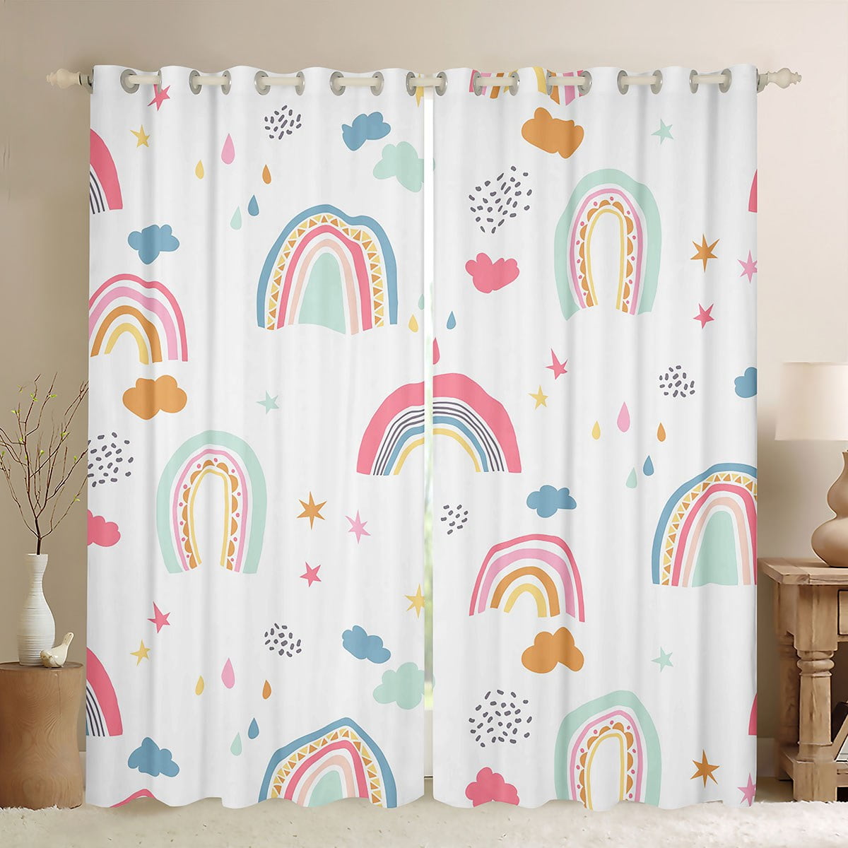 Rainbow 30%-50% Blackout Curtains,Cute Cartoon Rainbow Curtains Boho ...