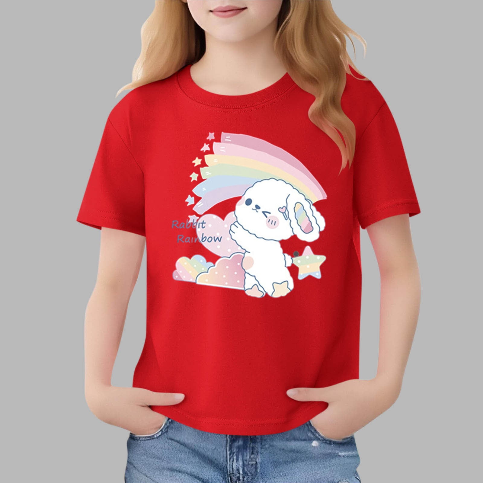 Girls Rainbow Bunny Graphic T-Shirt - Cute Kids Cotton Tee Short Sleeve ...