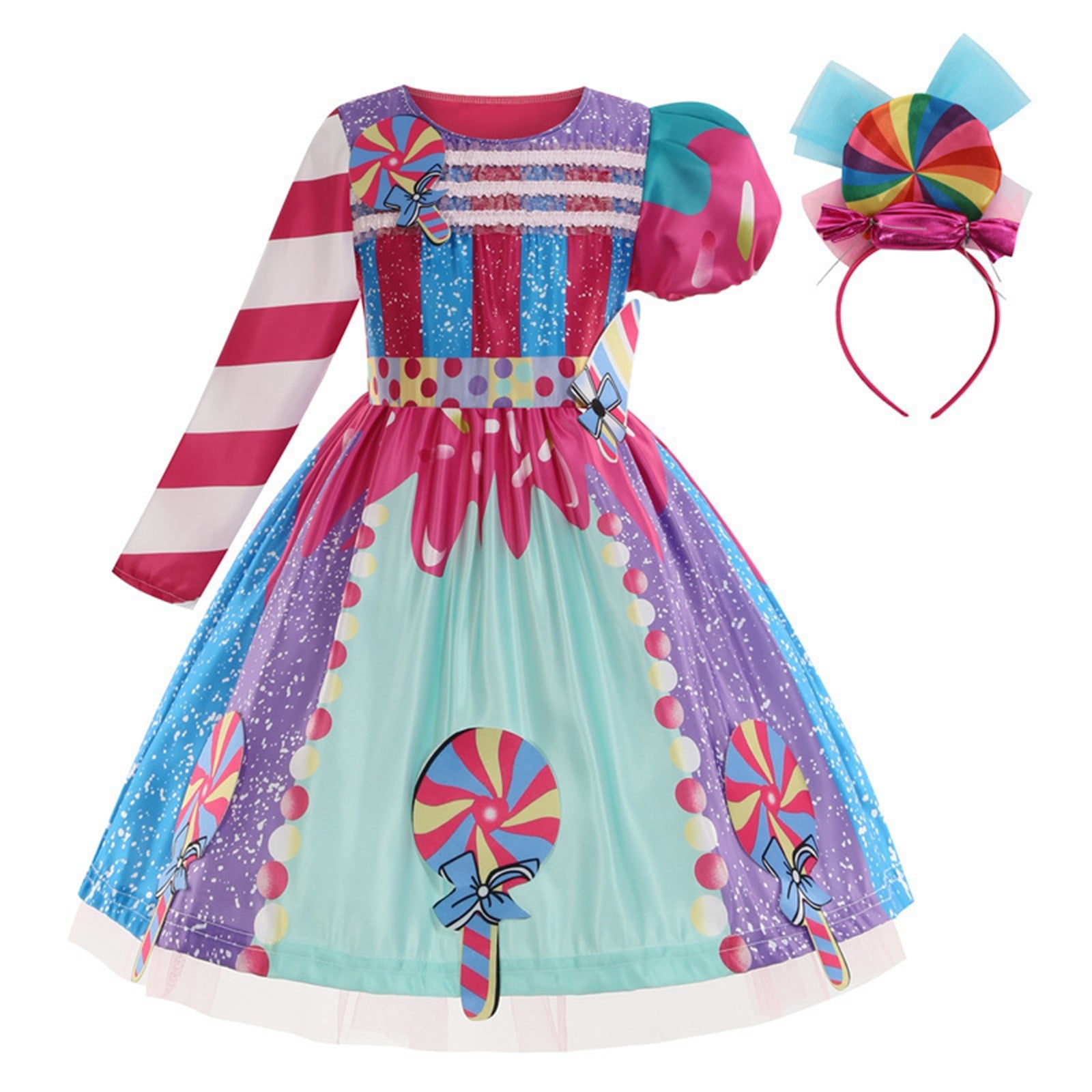 Girls Rainbow Candy Cosplay Dress Costume Fancy Dress Girls Long Sleeve ...