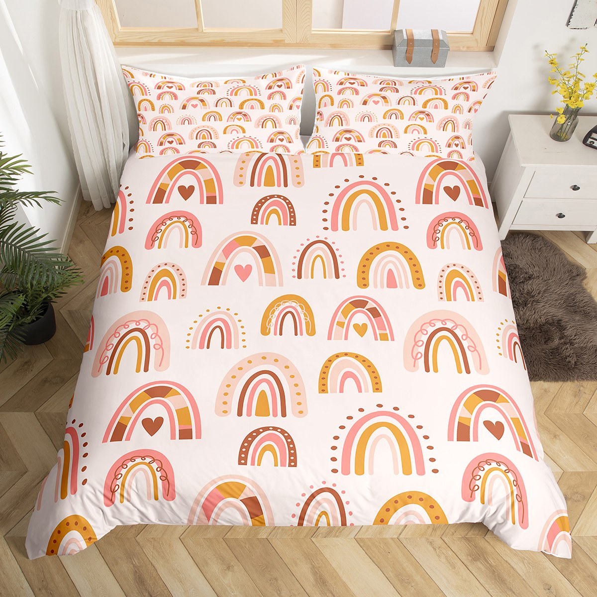 Girls Rainbow Comforter Cover Cute Love Heart Boho Stripes Duvet Cover ...