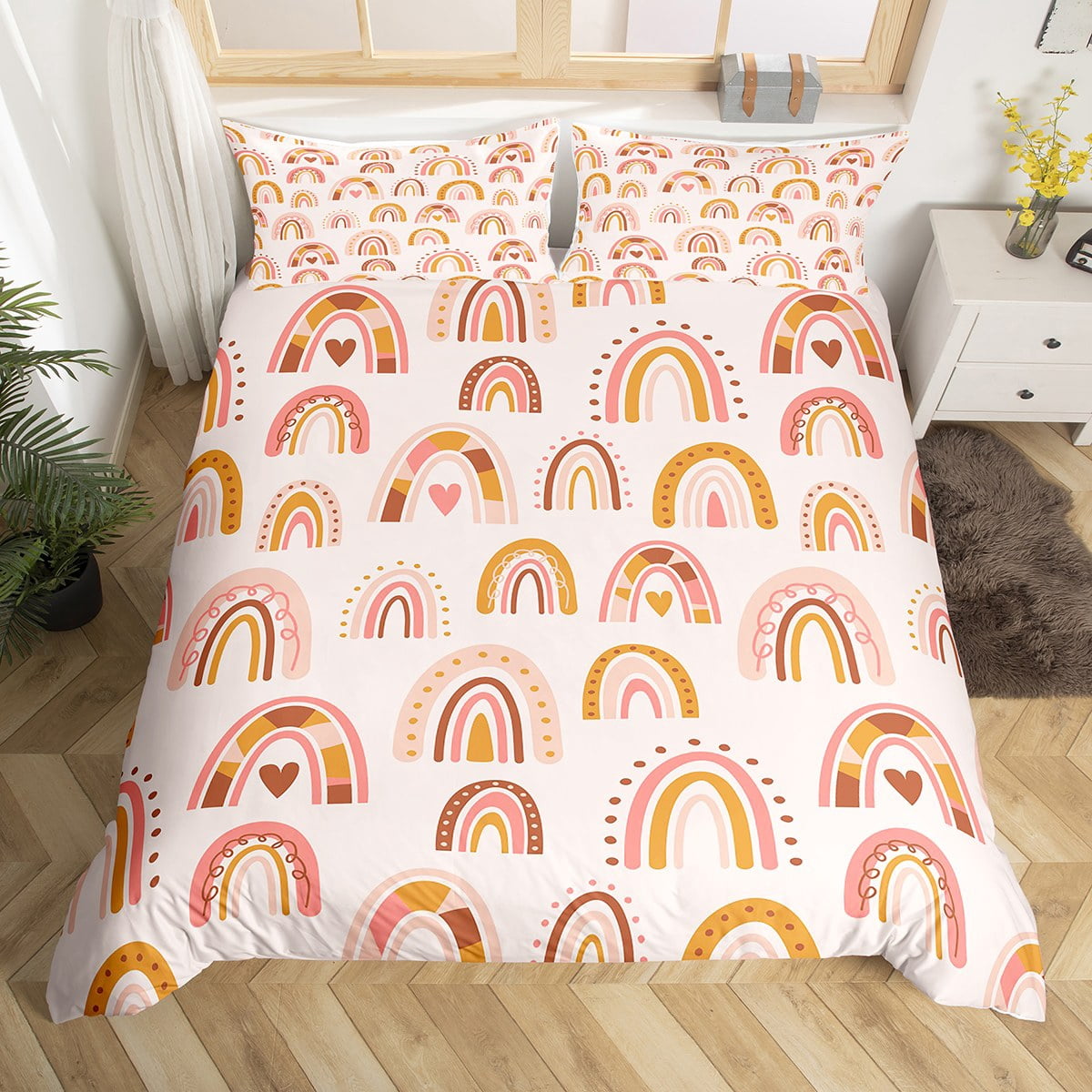 Girls Rainbow Comforter Cover Cute Love Heart Boho Stripes Duvet Cover ...