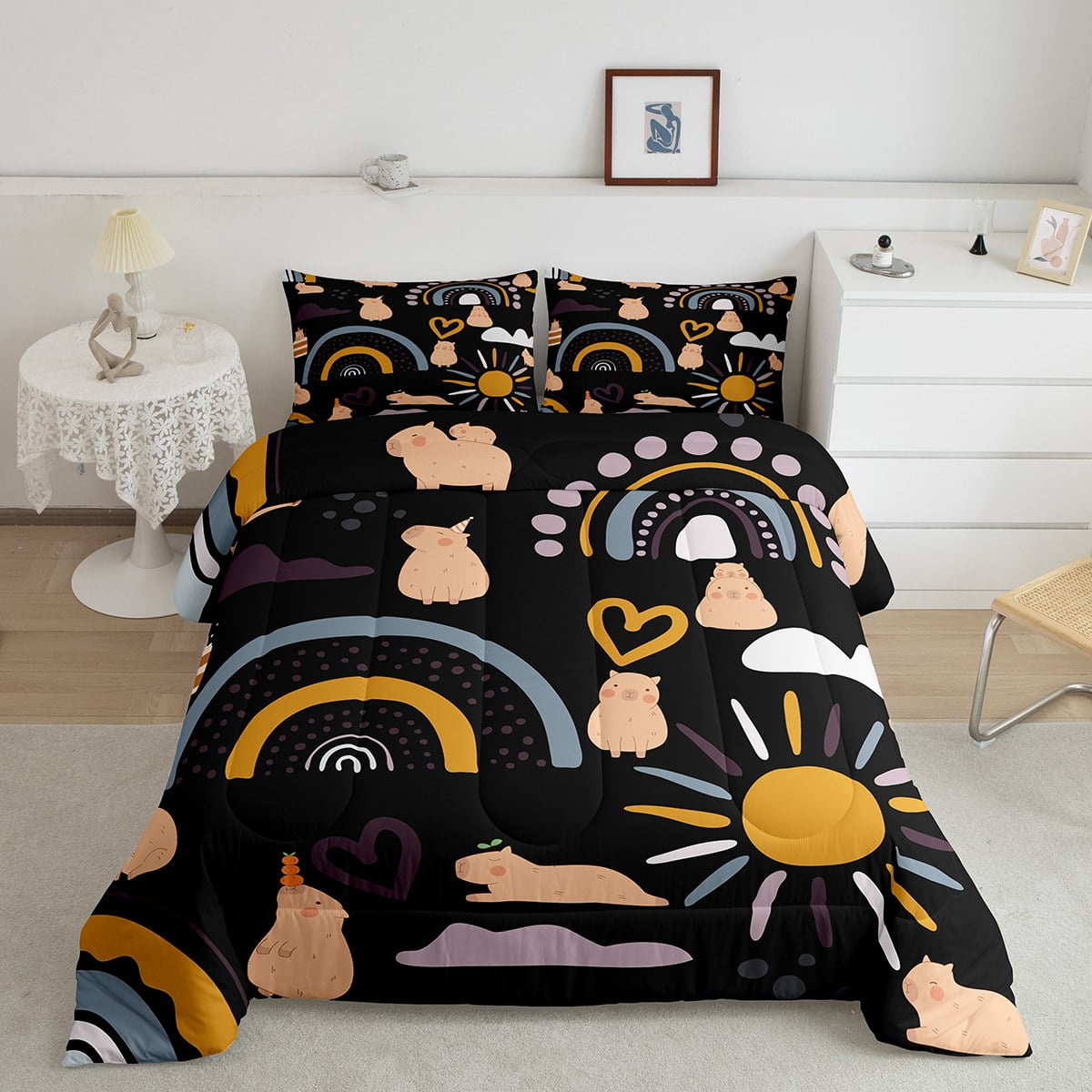 Girls Rainbow Comforter Set Queen Size,Capybara Decor Bedding Set Love ...