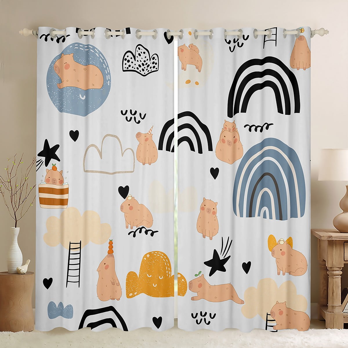 Rainbow Curtains 38"Wx45"L, Capybara Bedroom Curtains & Drapes Capybara ...