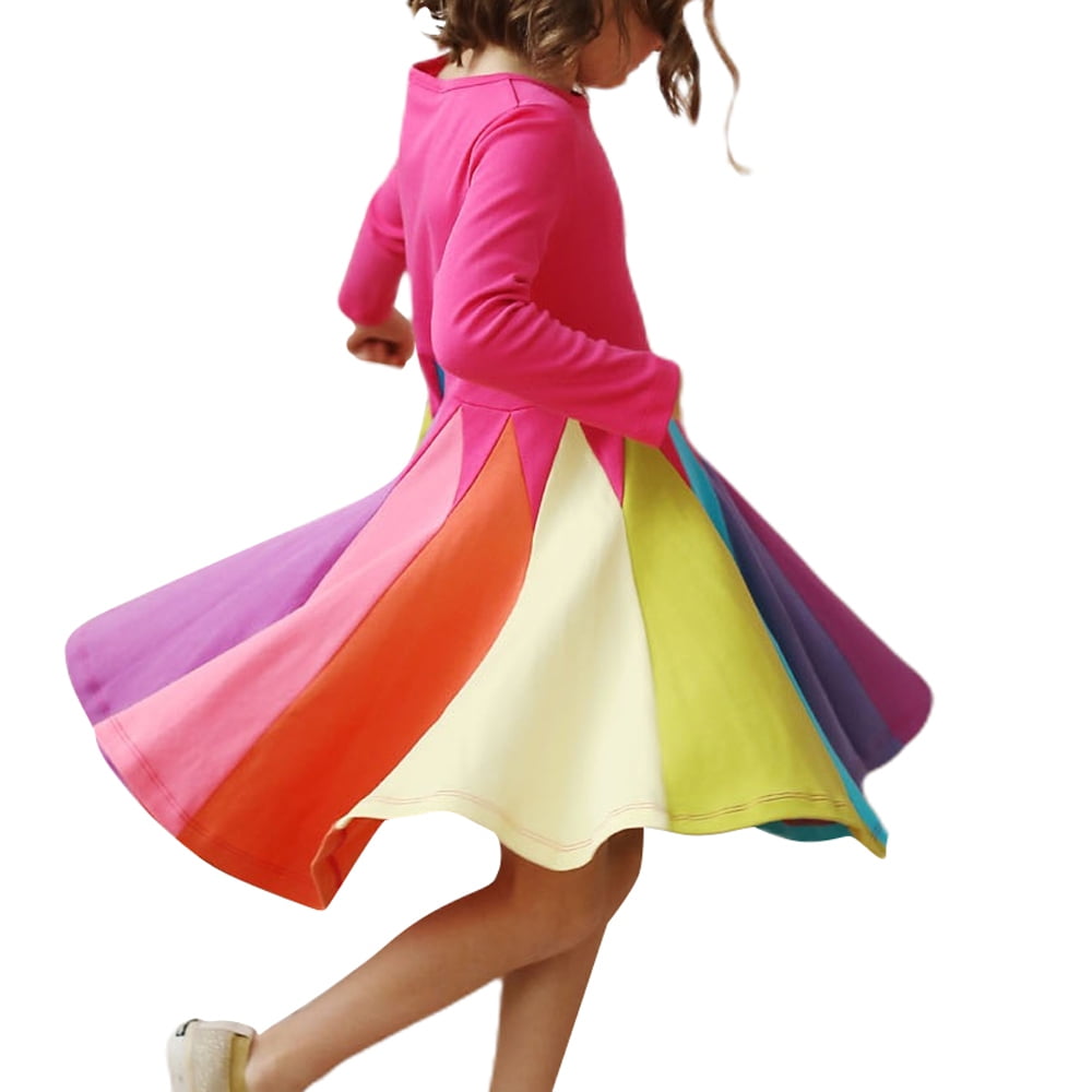 Girls Rainbow Dress Color Patchwork Dress Long Sleeve Casual Princess ...