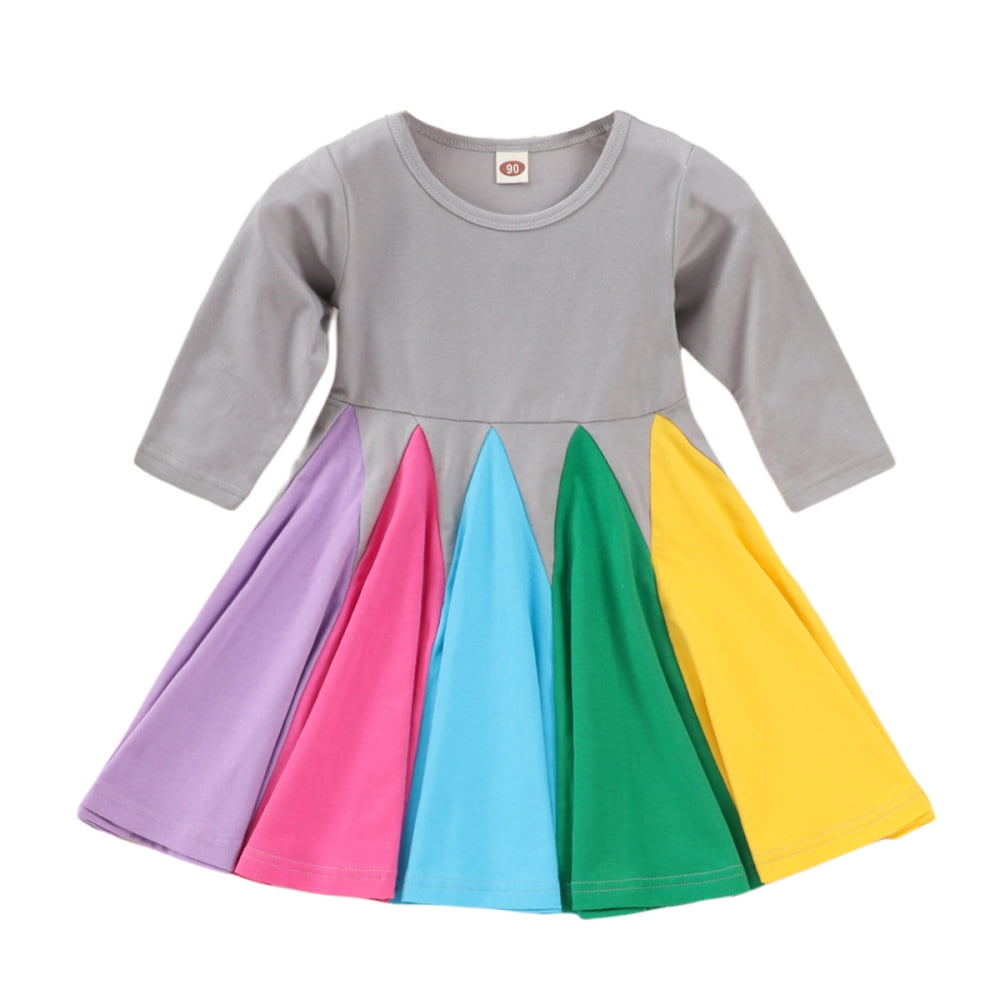 Girls Rainbow Dress Color Patchwork Dress Long Sleeve Casual Princess ...