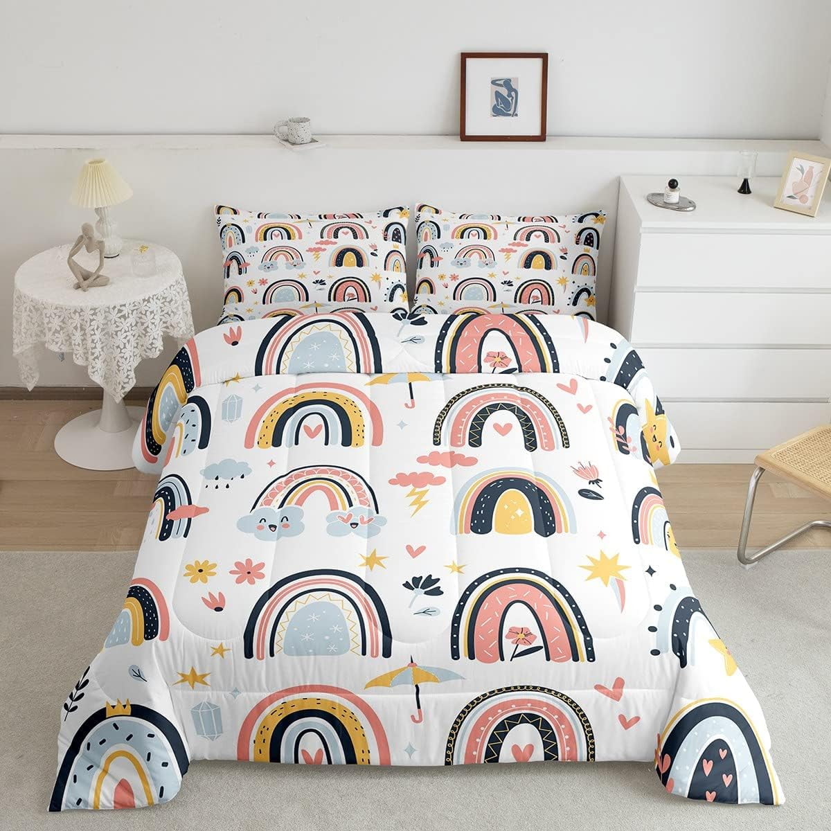 Rainbow Duvet Insert Full,Cute Cartoon Rainbow Comforter Set Youth ...