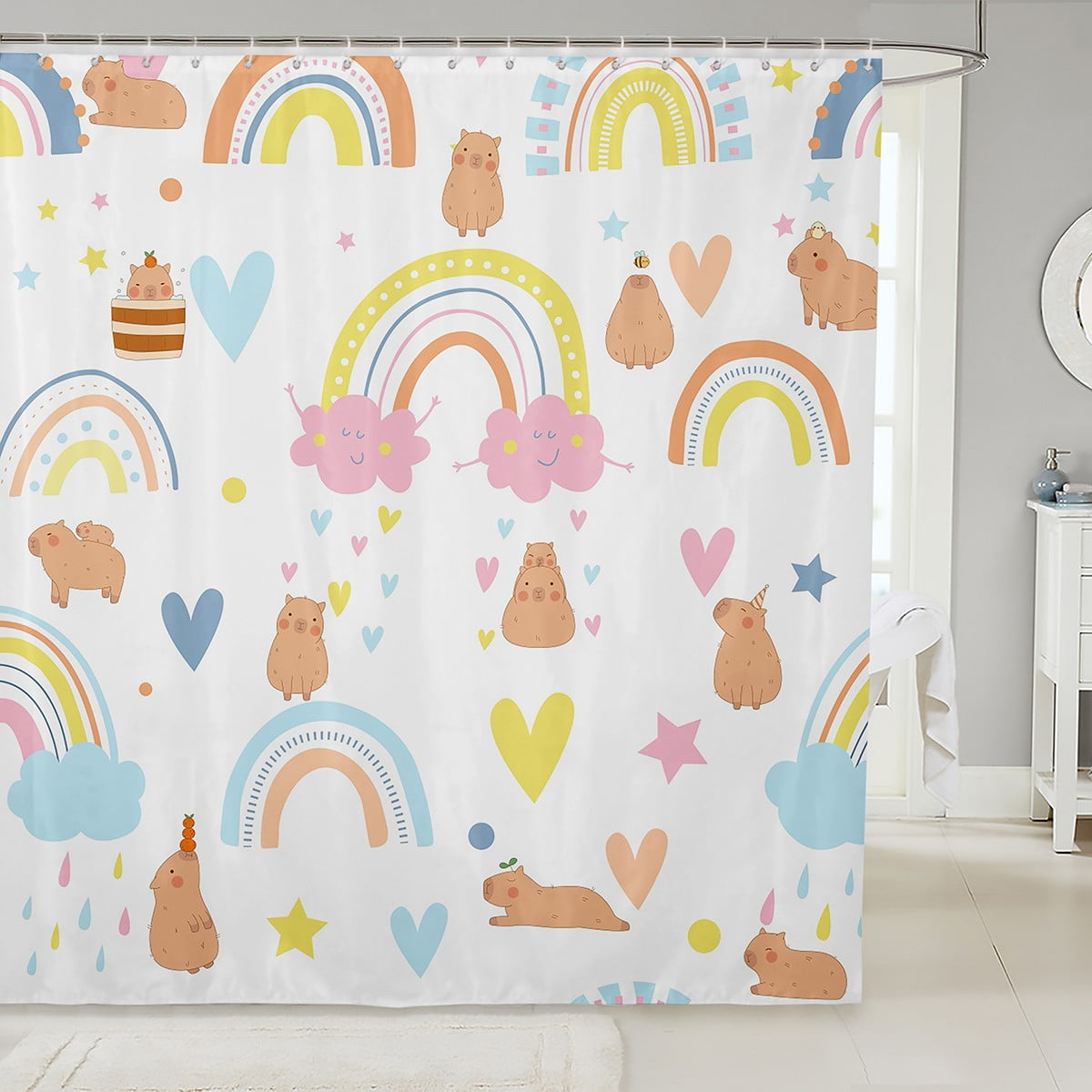 Girls Rainbow Fabric Shower Curtain, Capybara Lover Shower Curtain ...