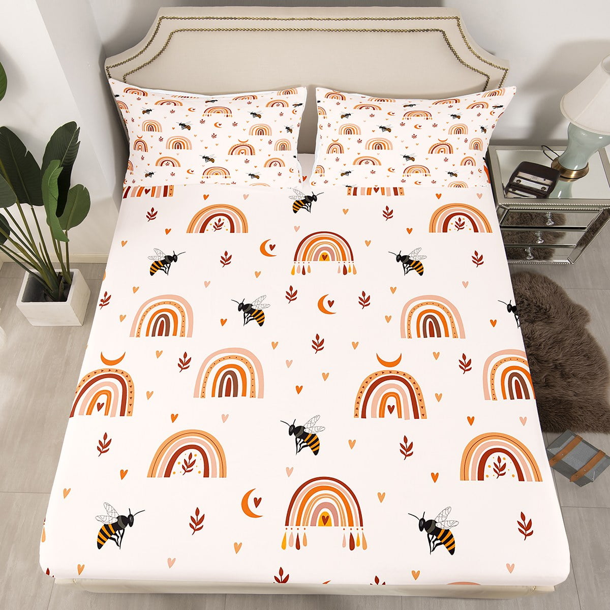 Girls Rainbow Queen Fitted Sheet Boho Honey Bee Sheets, Hippie Moon Bed ...