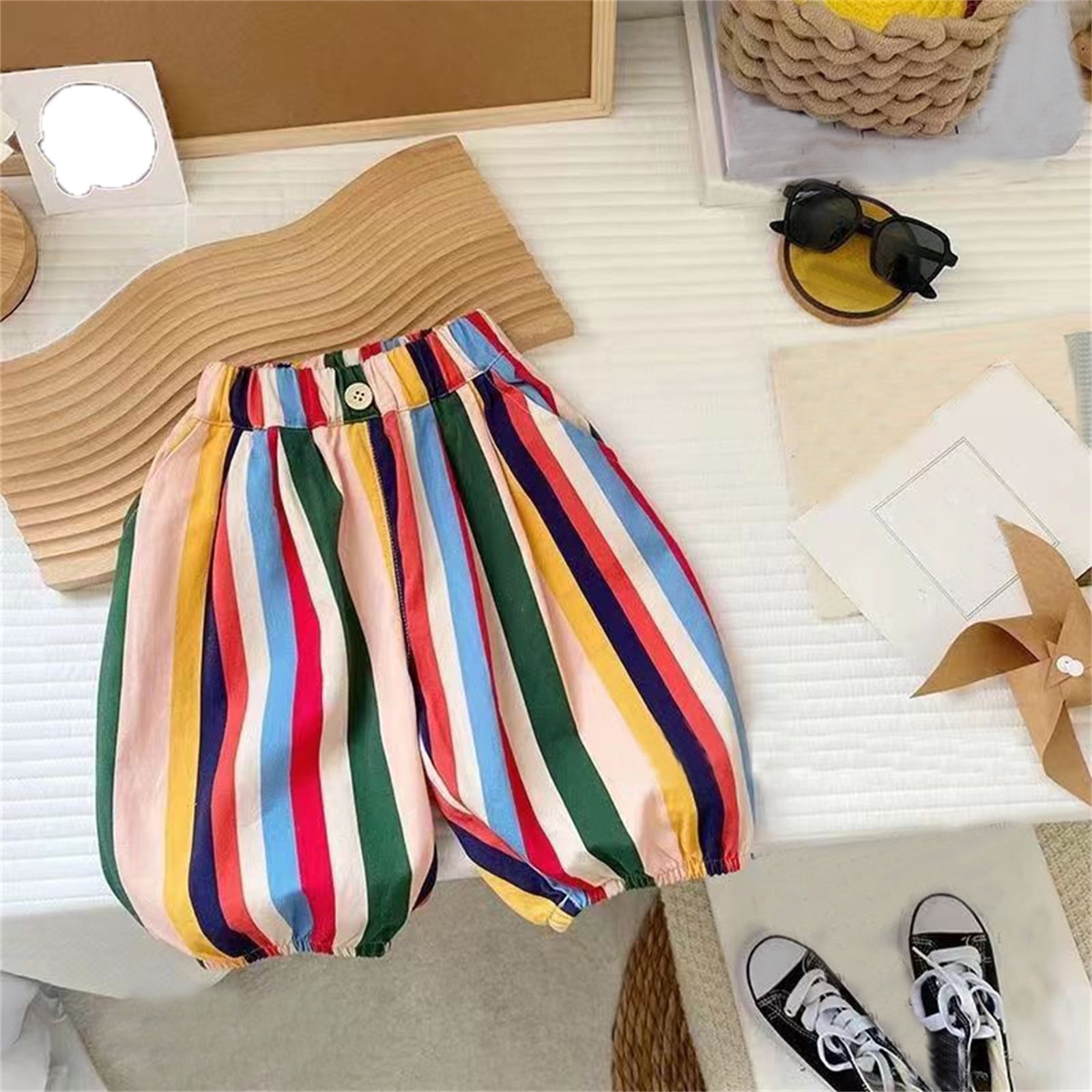Girls' Rainbow Striped Mosquito-Repellent Pants - Elastic Waist Cotton ...