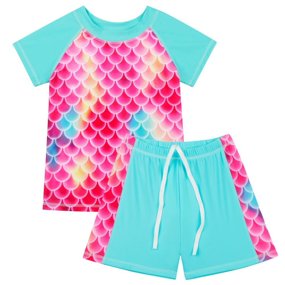 Girls Rash Guard Set 2-Piece Short Sleeve Swimsuit Kids Bathing Suit ...