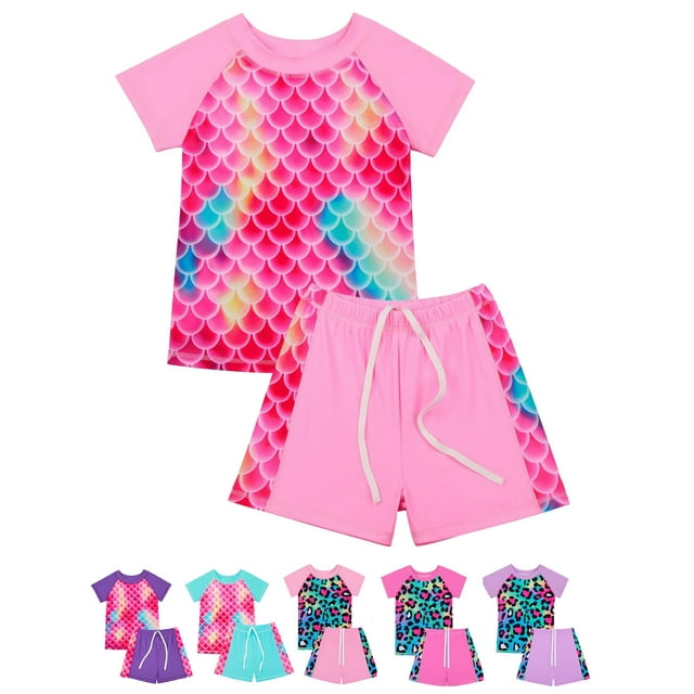 Girls Rash Guard Set 2-Piece Short Sleeve Swimsuit Kids Bathing Suit ...