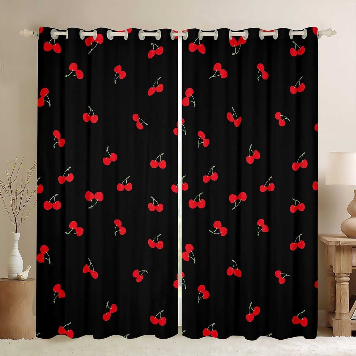 Girls' Red Cherry Window Drapes,Solid Black Background Blackout ...
