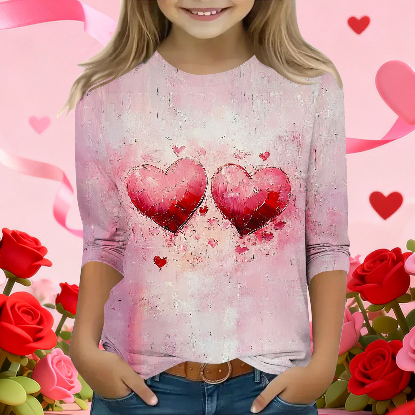 Girls' Red Heart Print Casual Top, 95% Polyester 5% Spandex, 3/4 Cuffed ...
