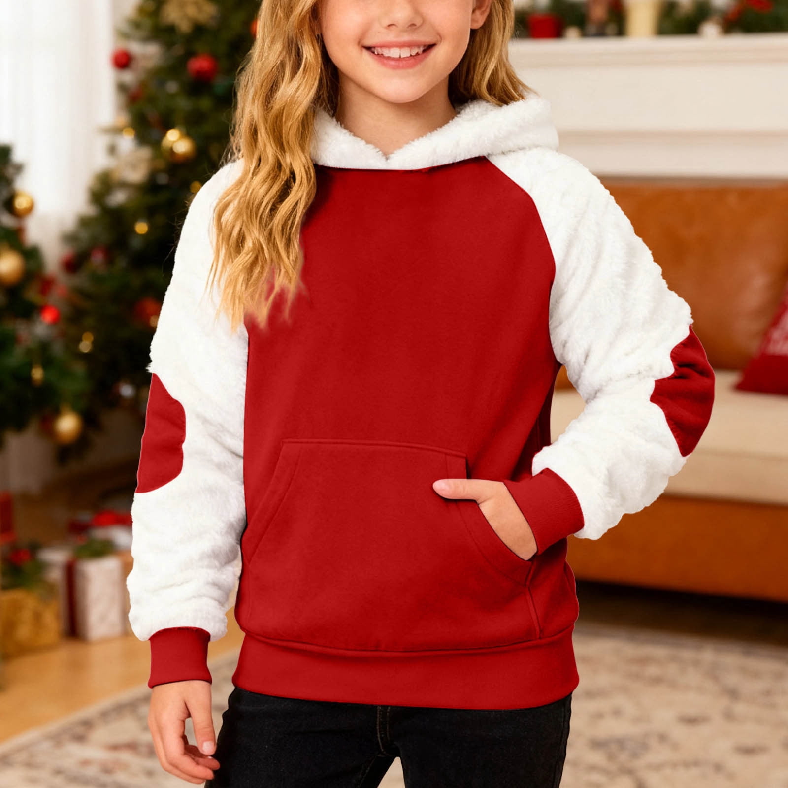 Girls Red Hoodie Plush Christmas Long Sleeve Hooded Sweatshirt Top Warm ...