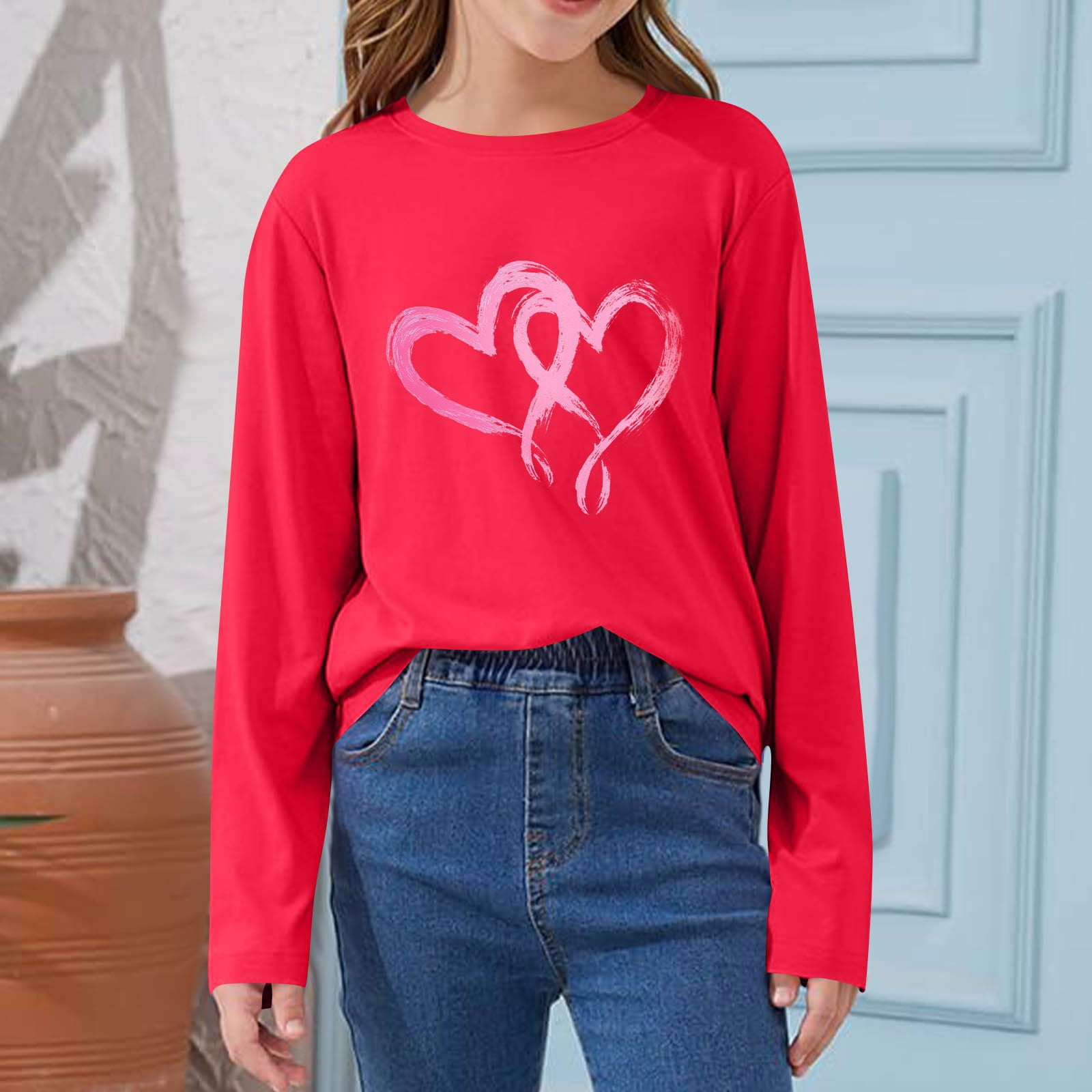 Girls Red Long Sleeve Top with Heart Graphic - Soft Stretch Crewneck ...