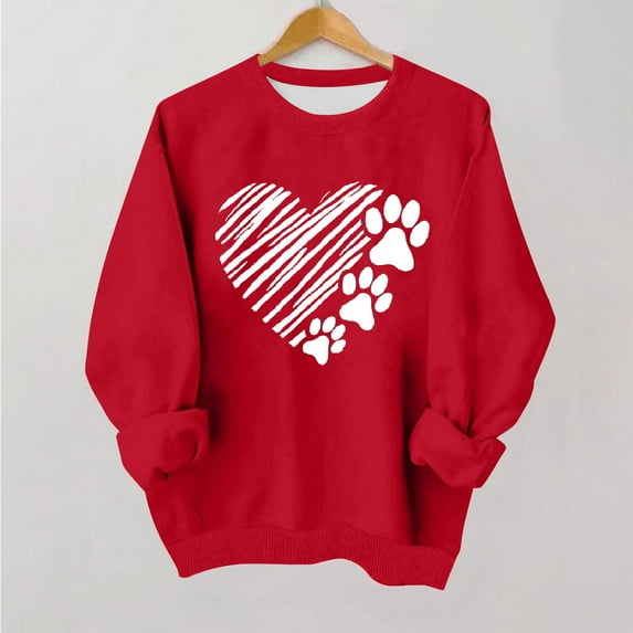Girls Red Pet Lover Sweatshirt Heart Paw Print Design Soft Stretch ...