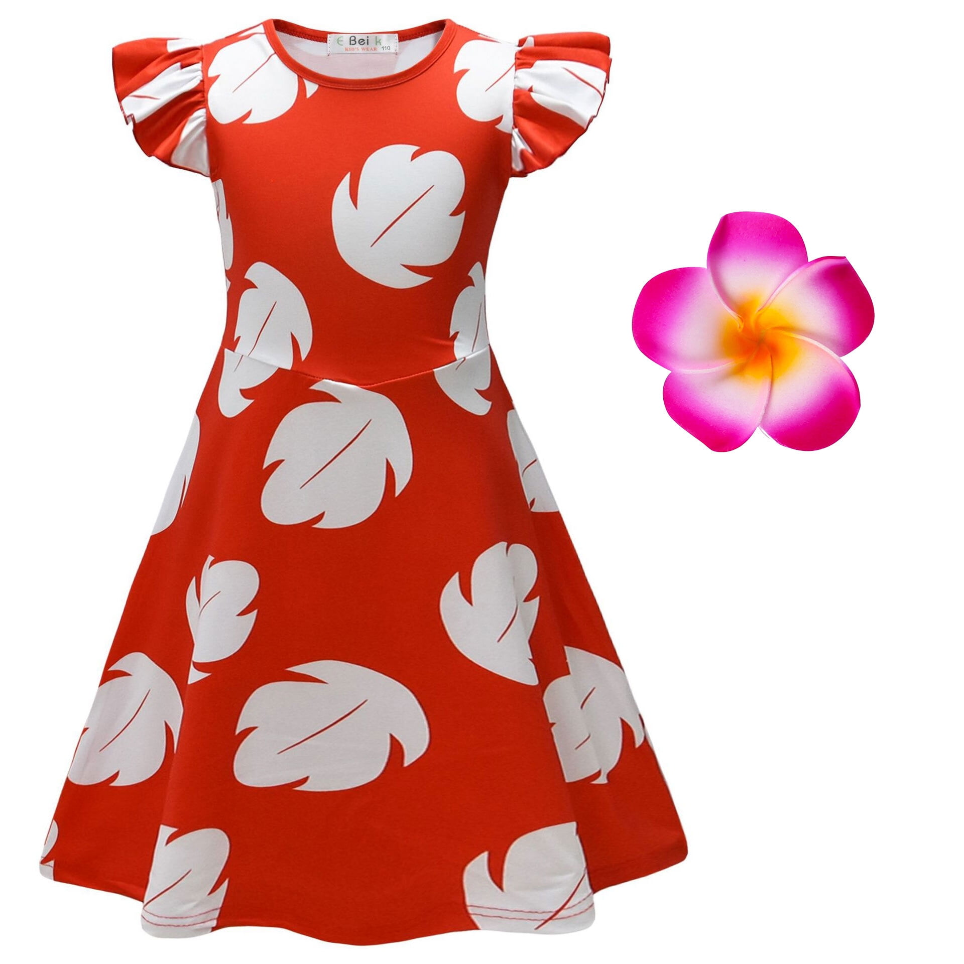 Girls Red Princess Leaf Dress Short Sleeve Hawaiian Costume Birthday ...